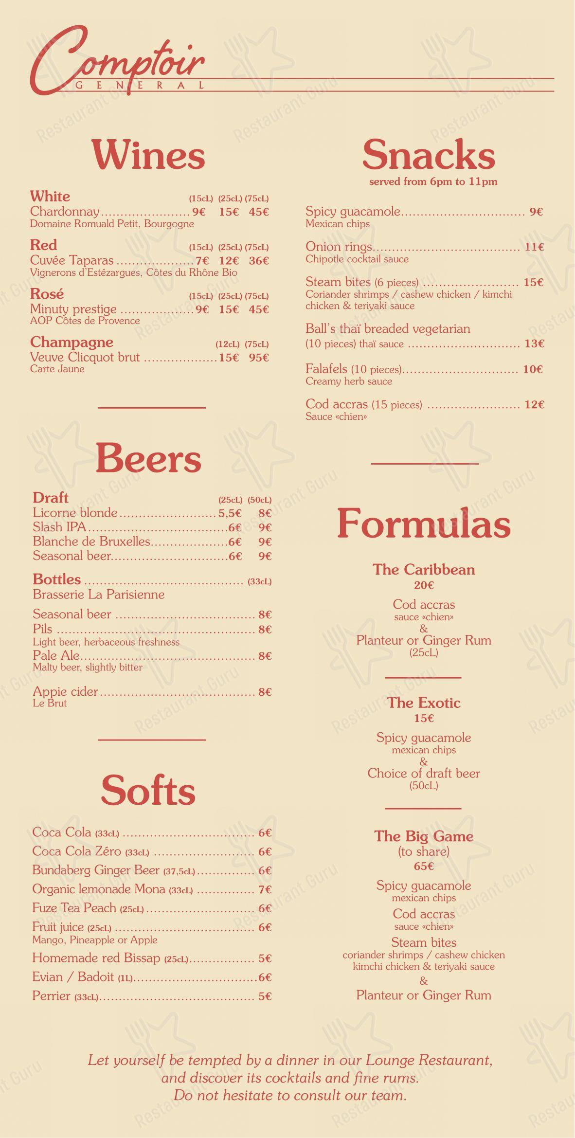 Menu at Le Comptoir Général restaurant, Paris, 84 Quai de Jemmapes