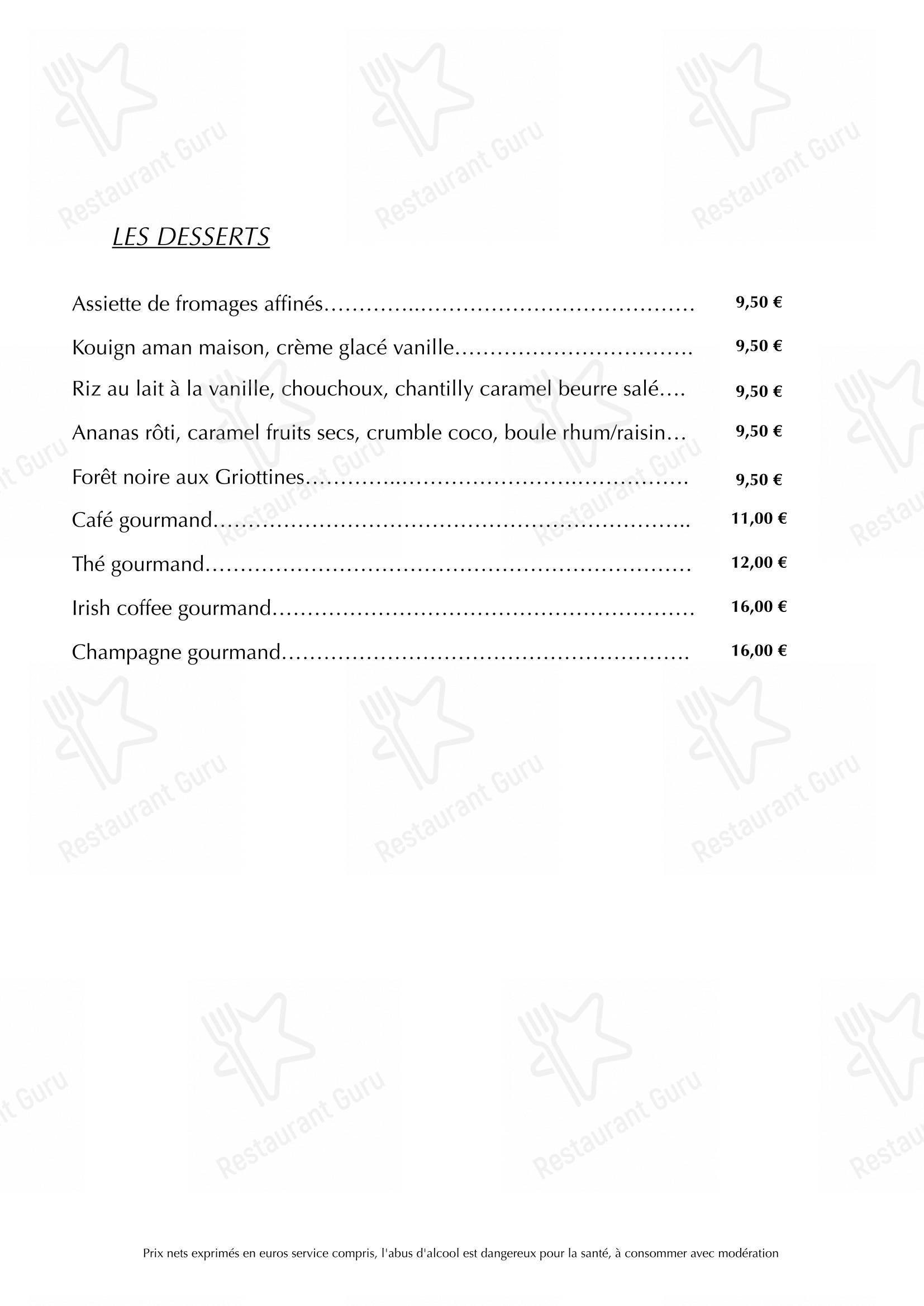 Menu au Le Transat restaurant, Bénodet, Quai du Commandant l'Herminier
