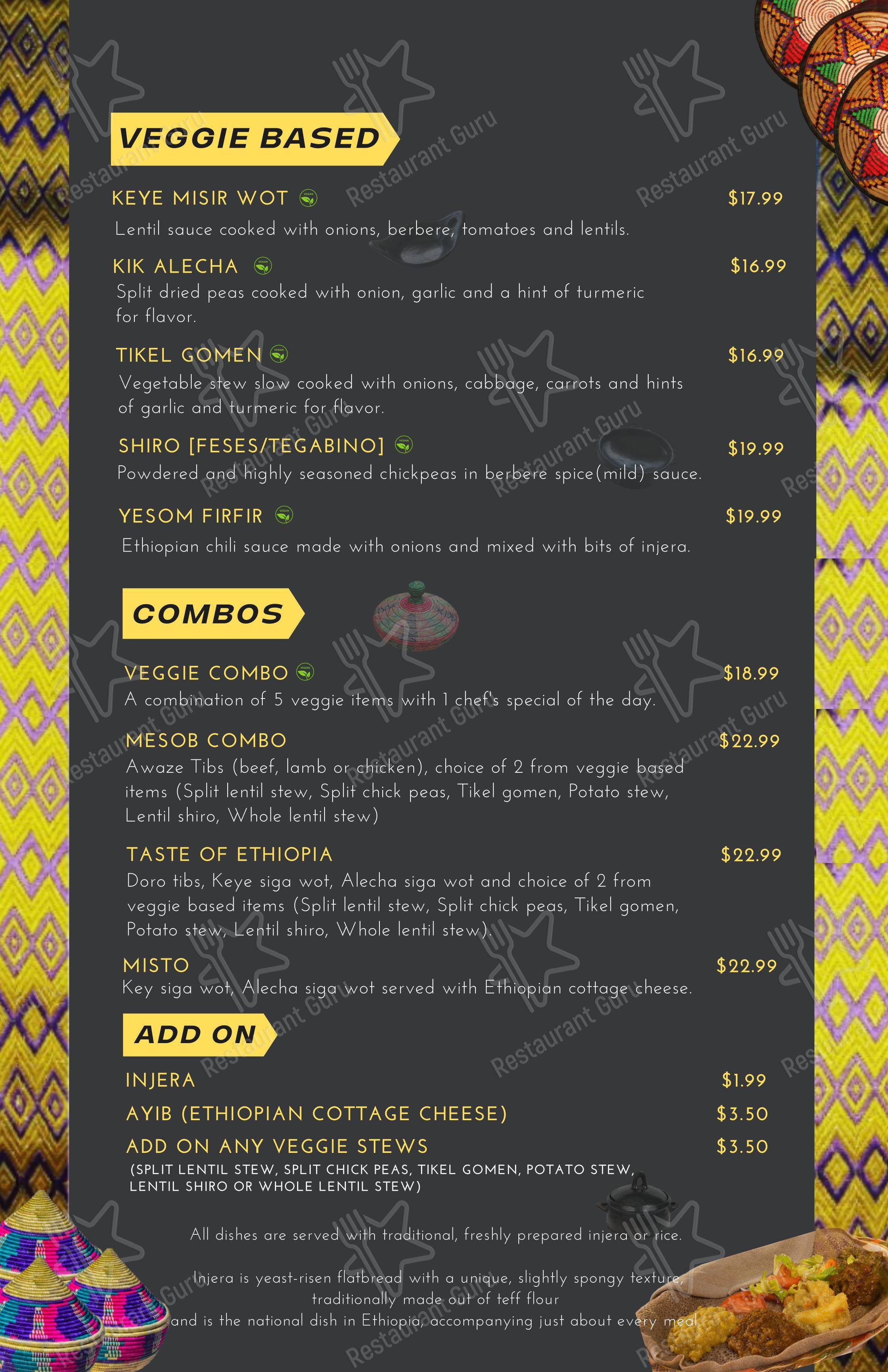 Menu at MESOB ETHIOPIAN EATS restaurant, Winnipeg
