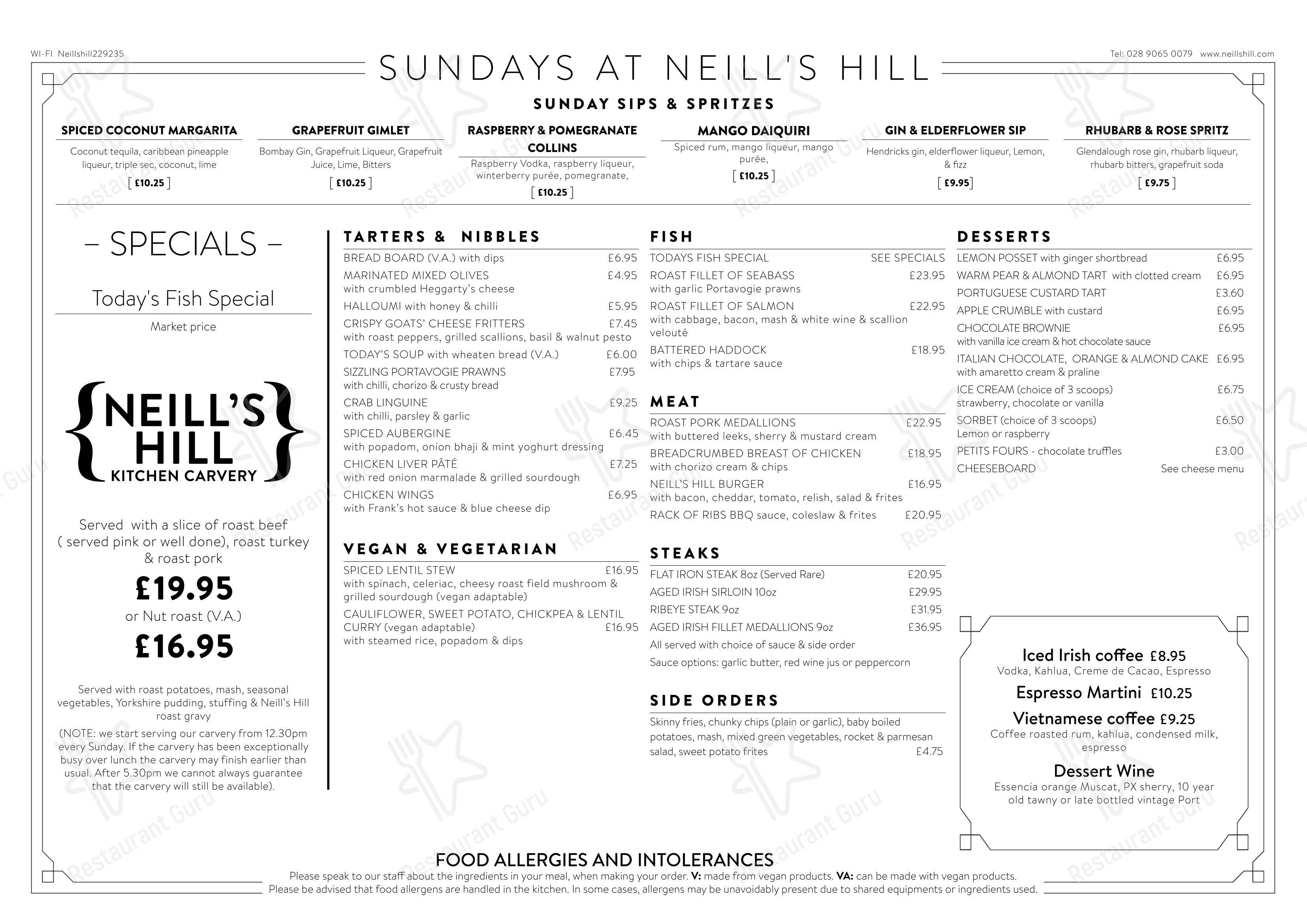 Menu at Neill's Hill Brasserie restaurant, Belfast