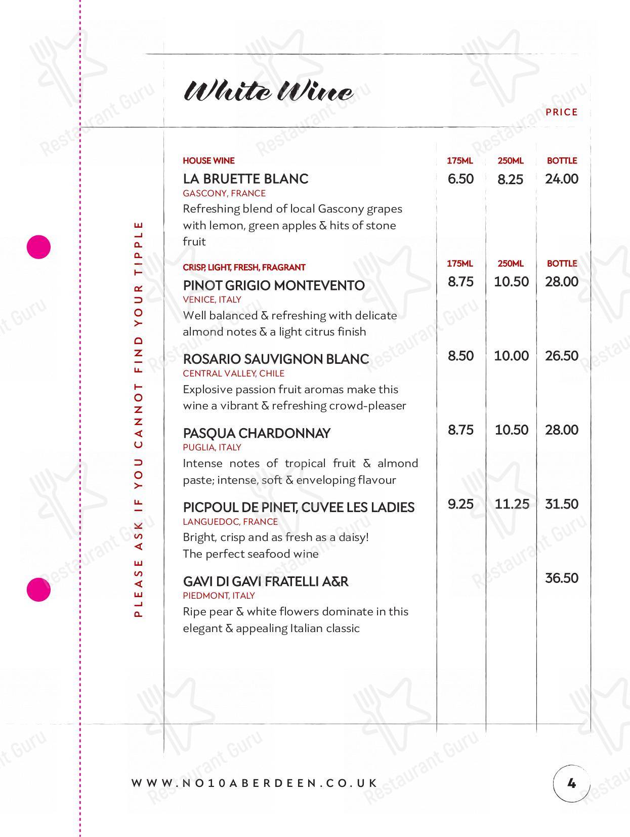 Menu at No.10 Bar and Restaurant, Aberdeen