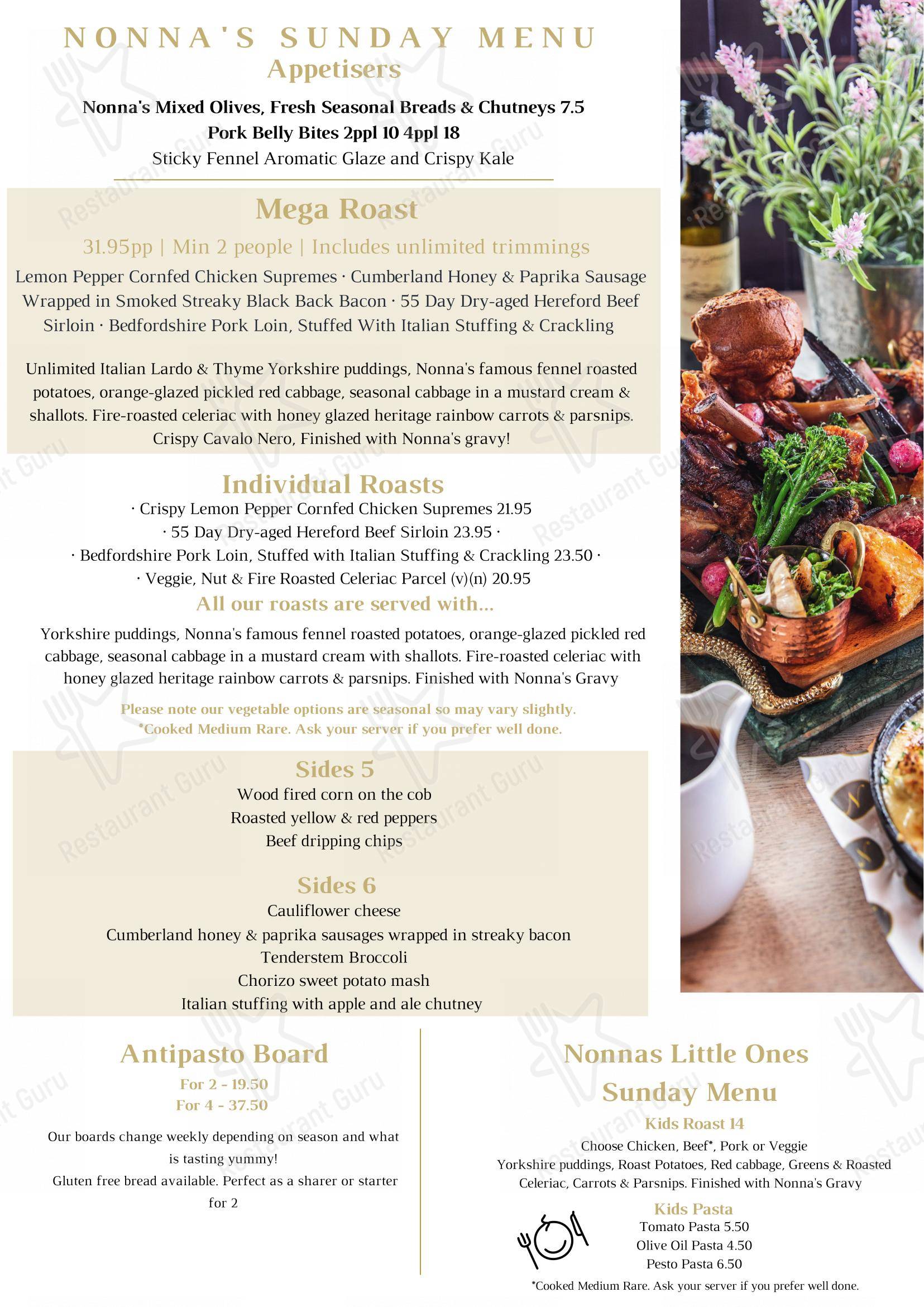 Menu at Nonna's restaurant, Woburn Sands