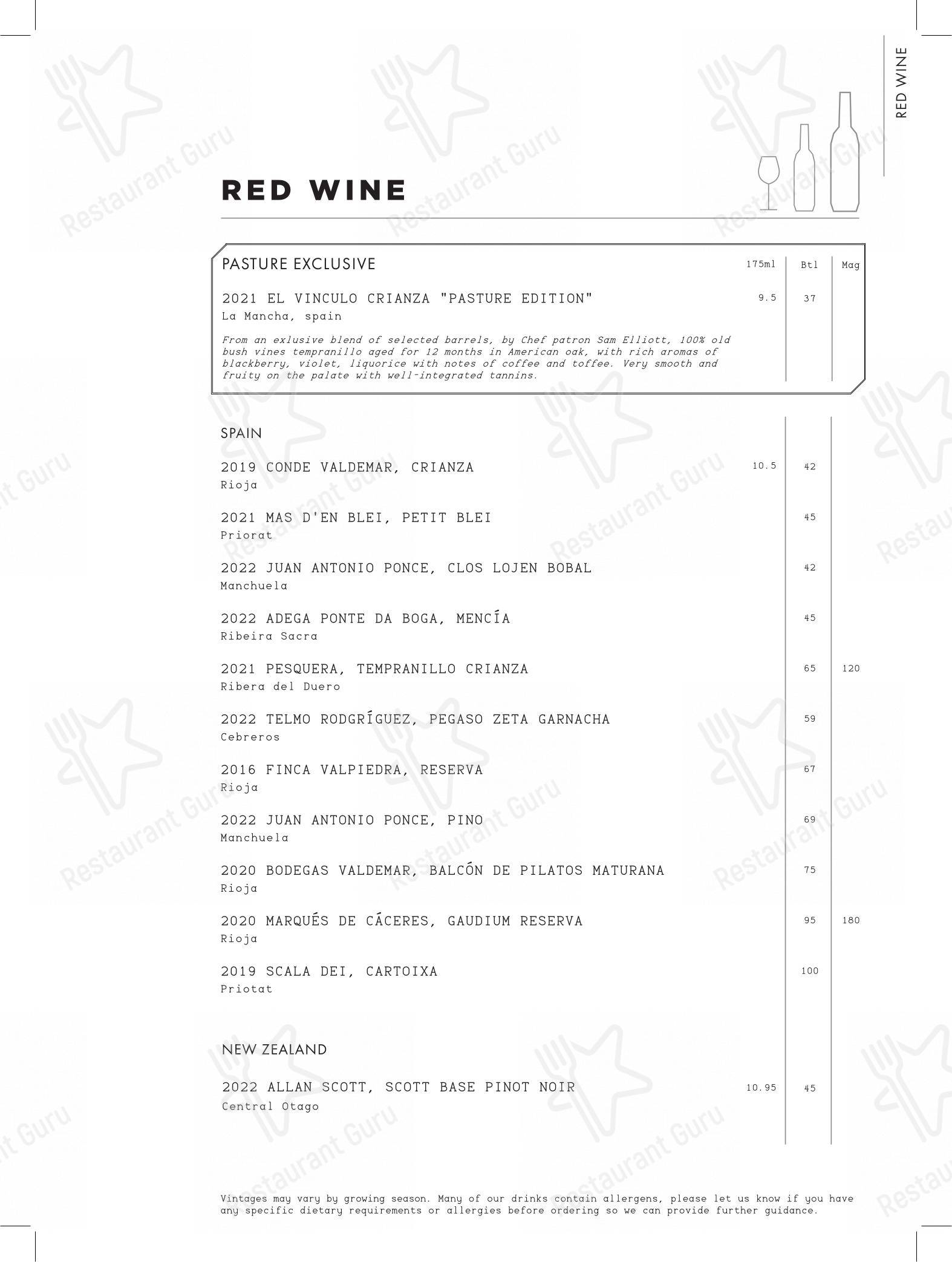 Menu at Pasture Birmingham restaurant, Birmingham