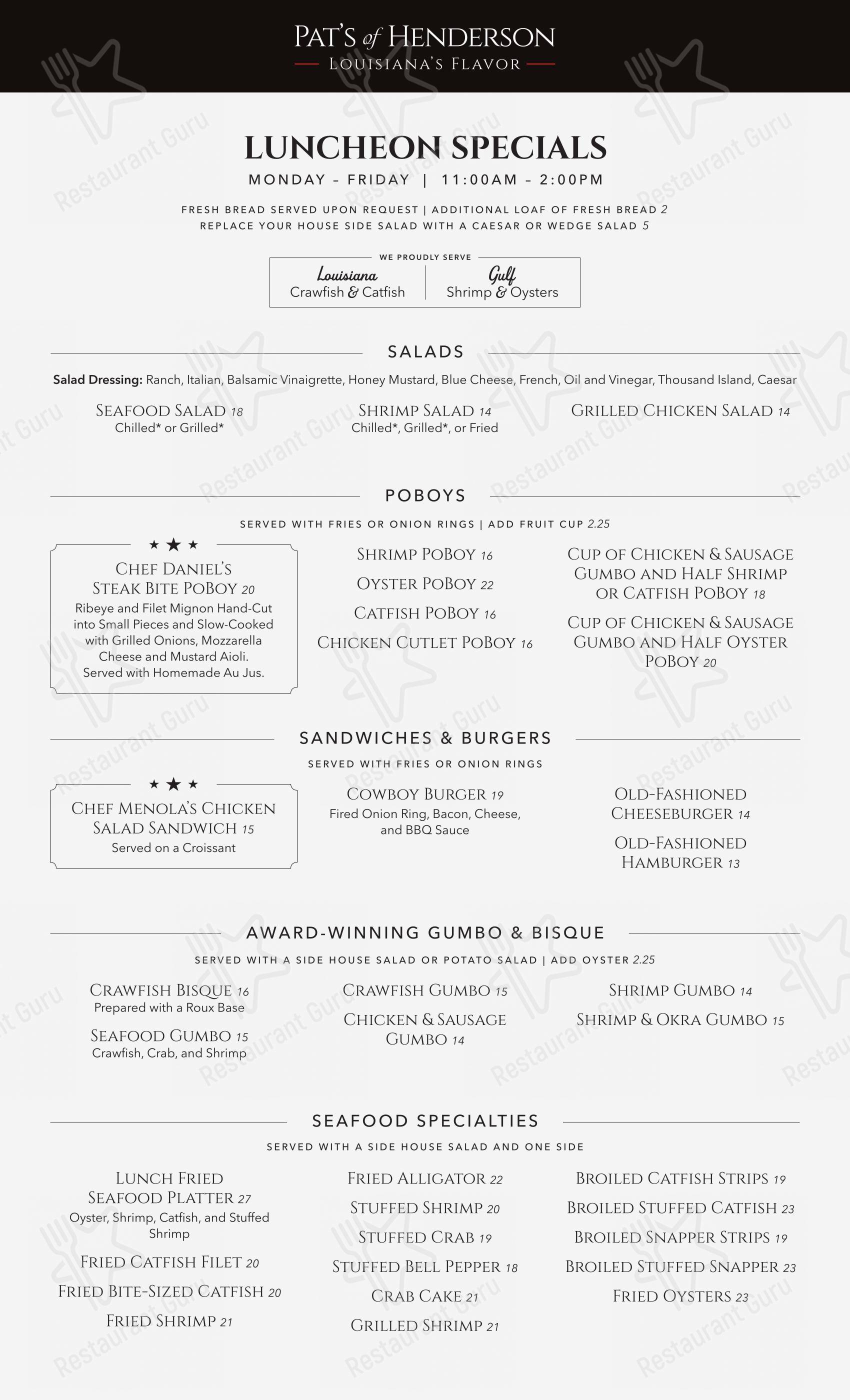 Menu at Pat's of Henderson steakhouse, Lake Charles