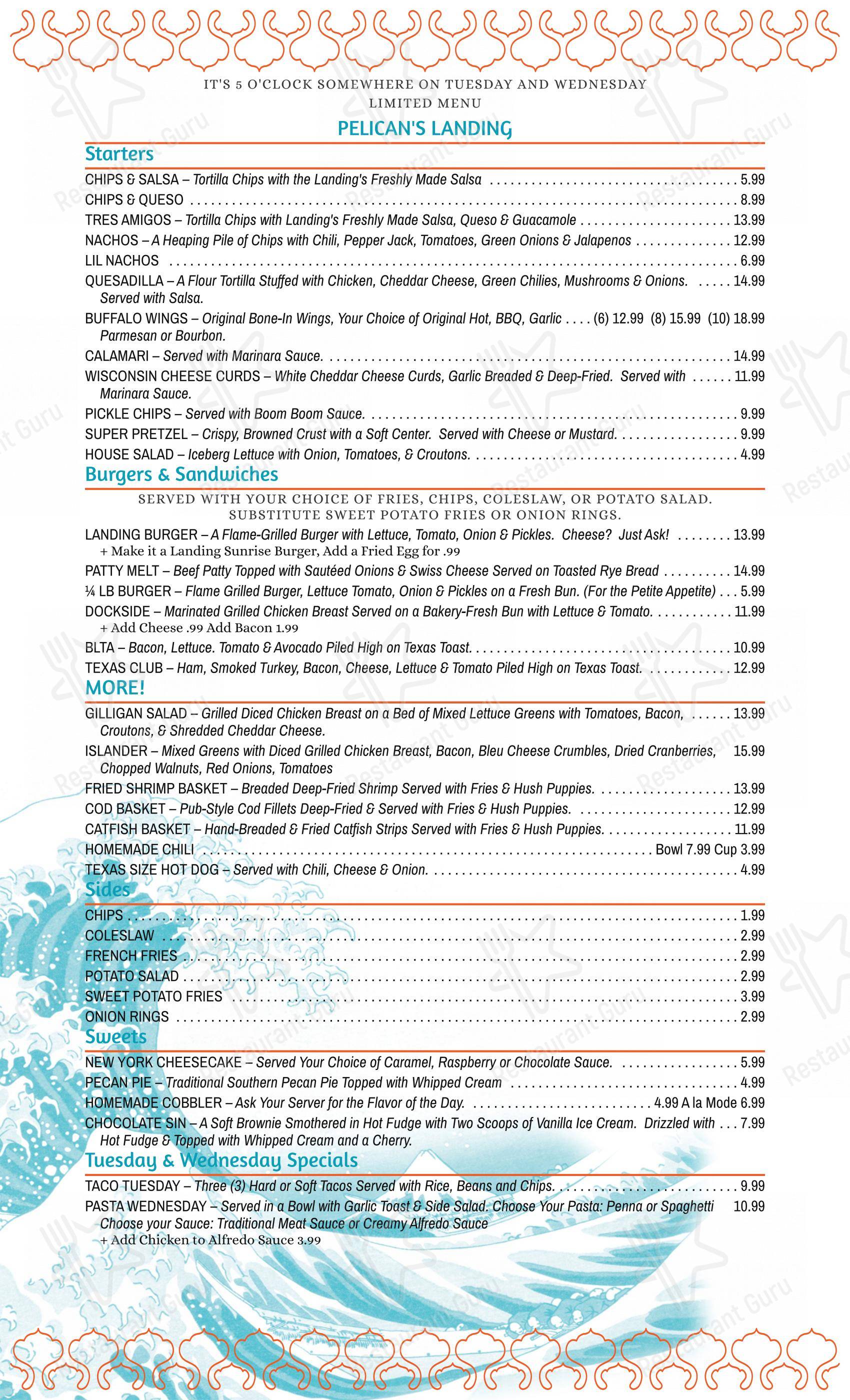 Menu at Pelican Landing III pub & bar, Conneaut Lake