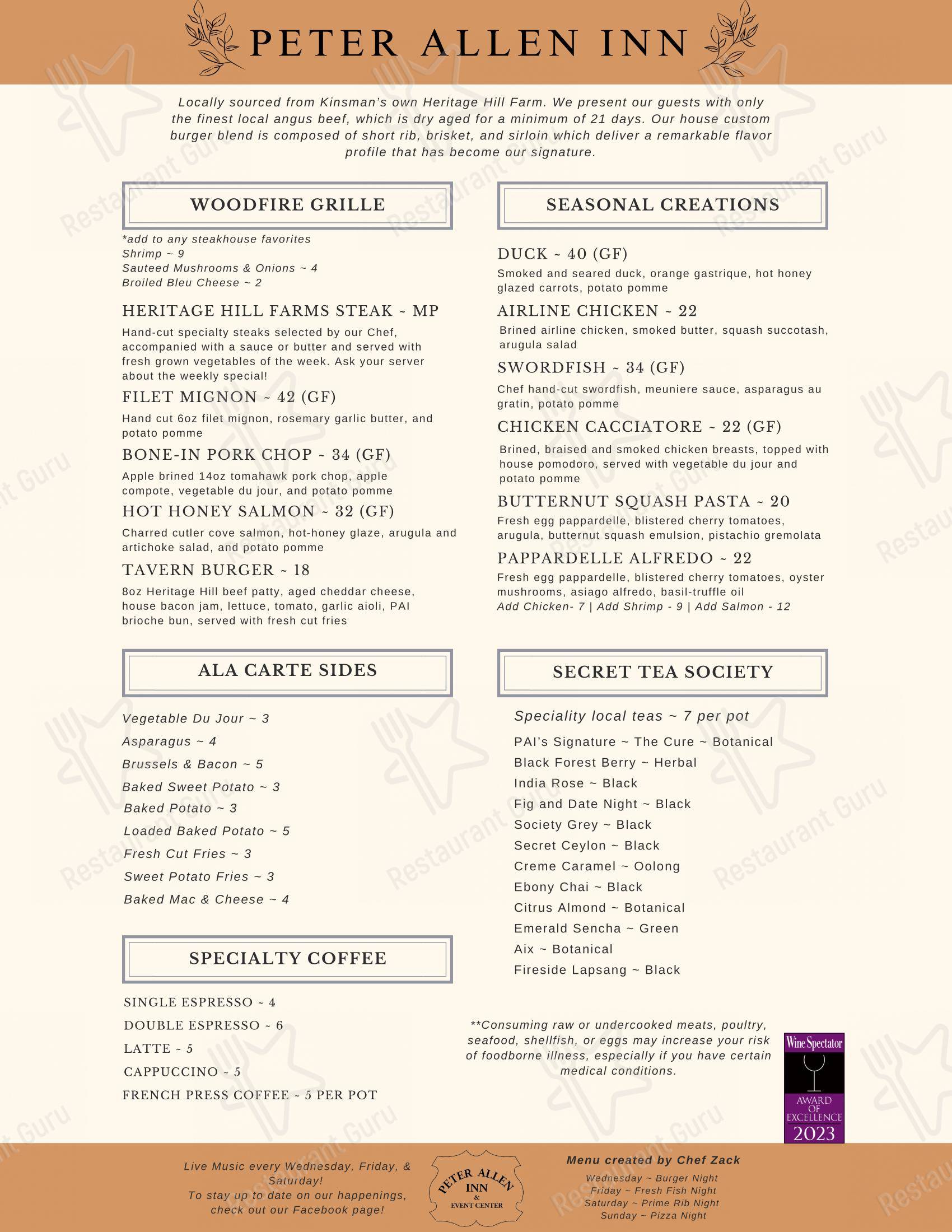 Menu at Peter Allen Inn & Event Center pub & bar, Kinsman