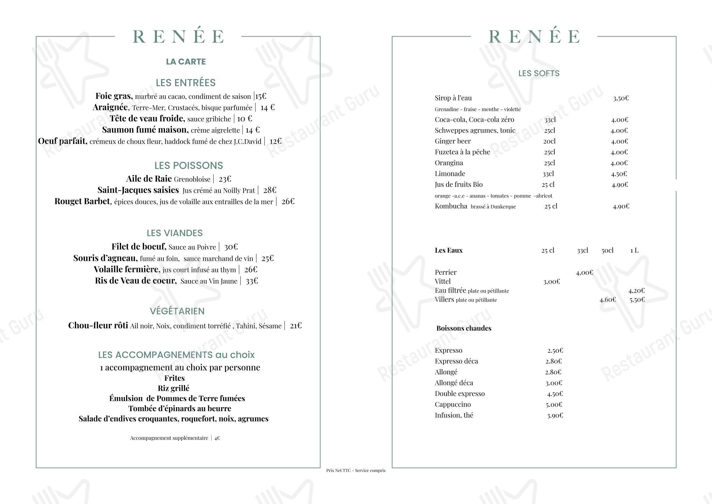 Menu au Renée restaurant, Dunkerque