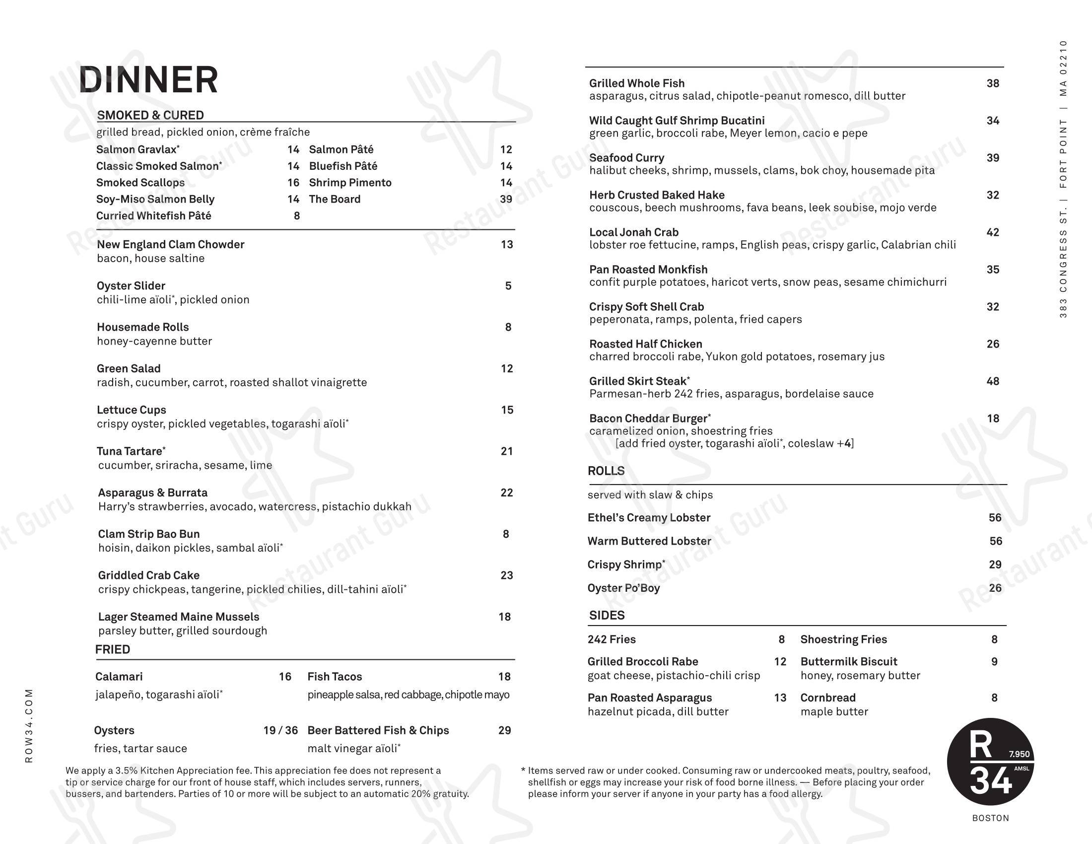 Menu at Row 34 - Seaport Boston pub & bar, Boston, 383 Congress St