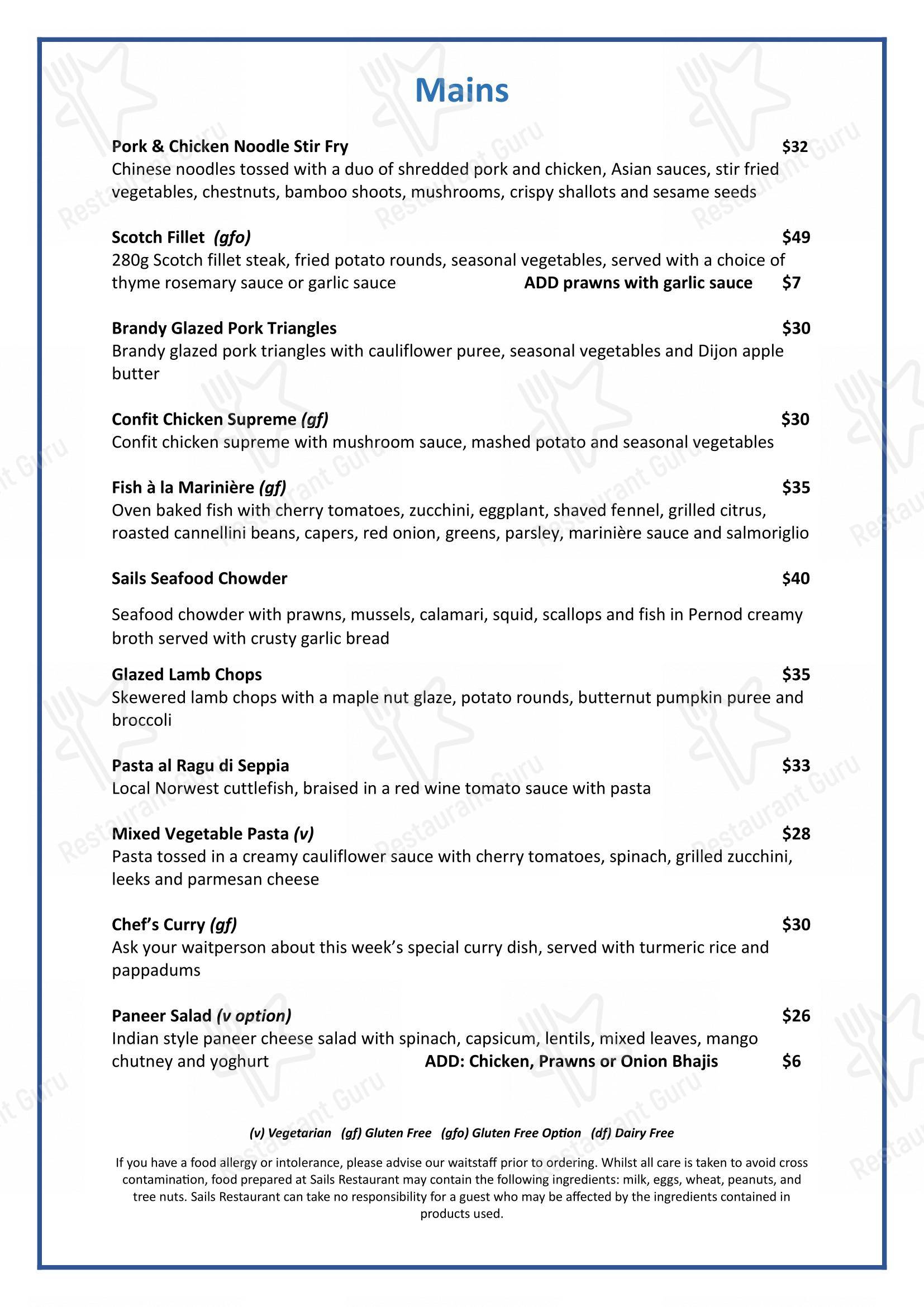 Menu at Sails Restaurant, Carnarvon, 6 West St