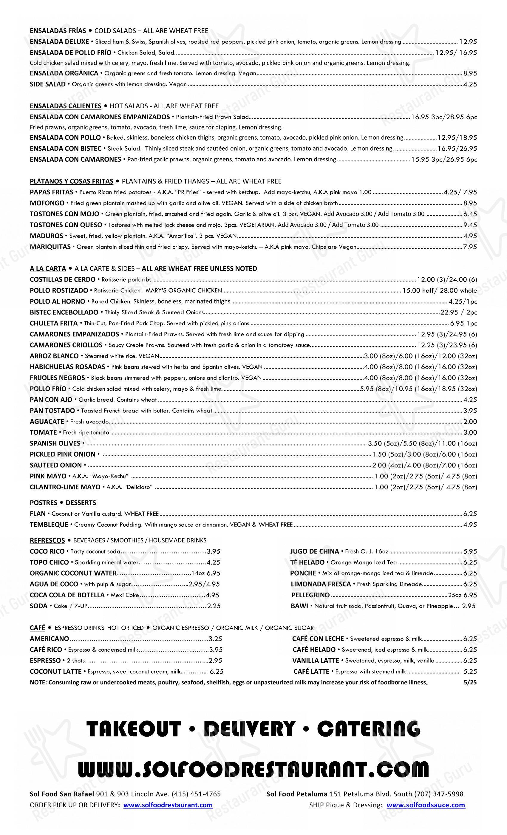 Menu at Sol Food restaurant, San Rafael, 903 Lincoln Ave