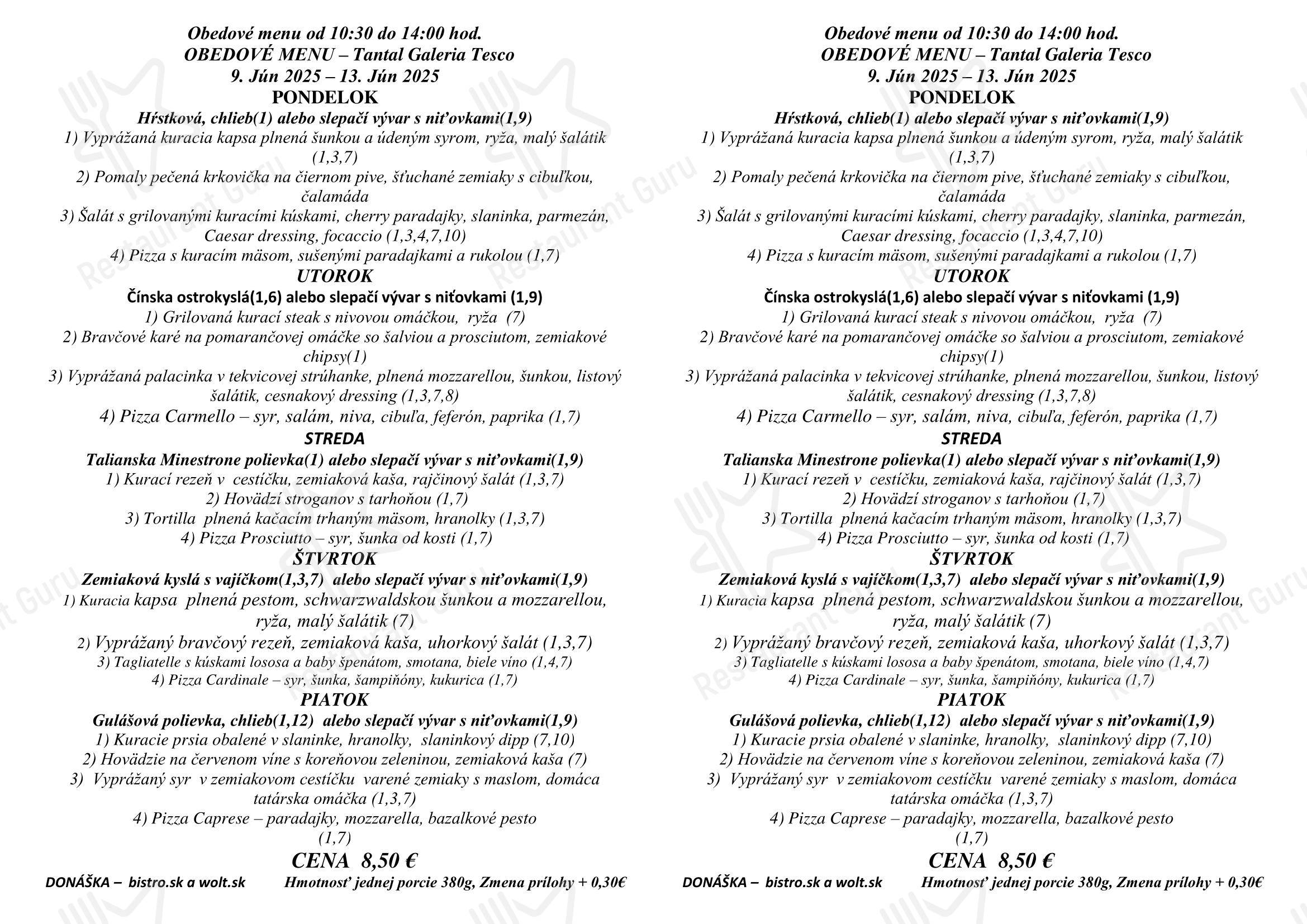 Menu at Tantal restaurant, Nitra, Akademická 1651/1A