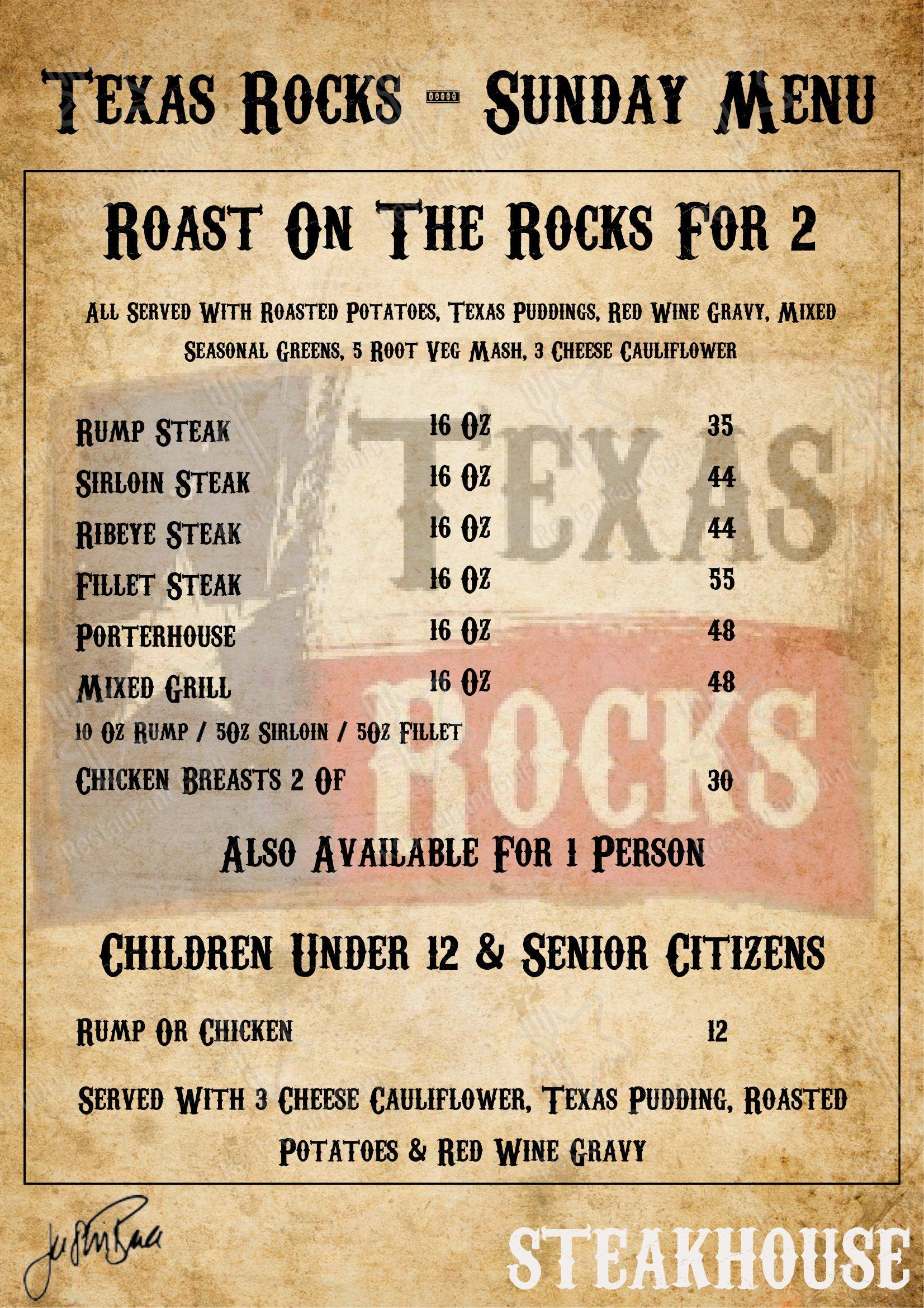 Menu at Texas Rocks restaurant, Yeovil