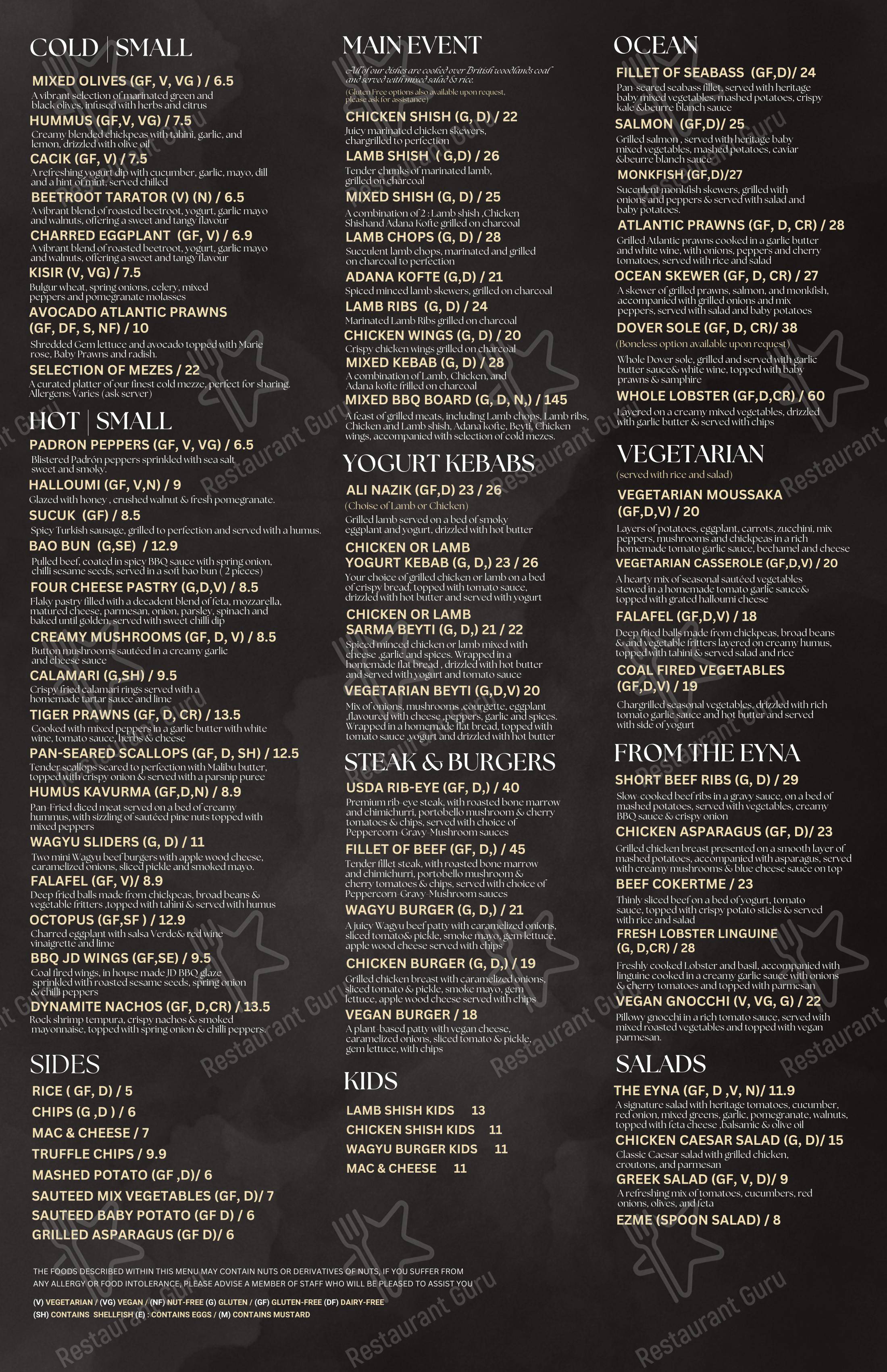 Menu at The Eyna restaurant, Basildon