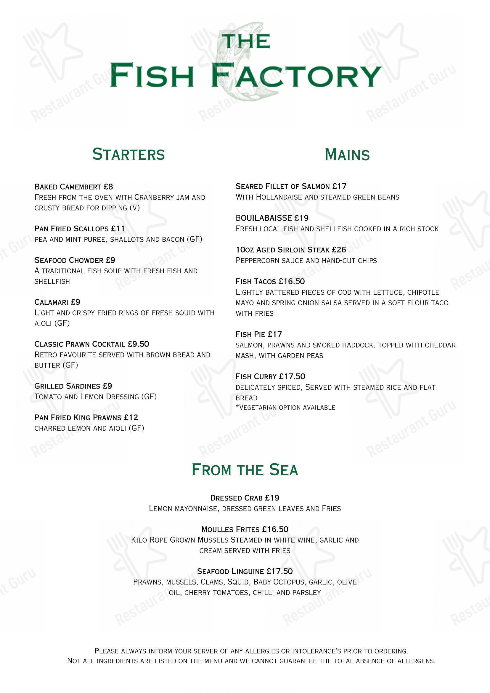 Menu at The Fish Factory restaurant, Worthing