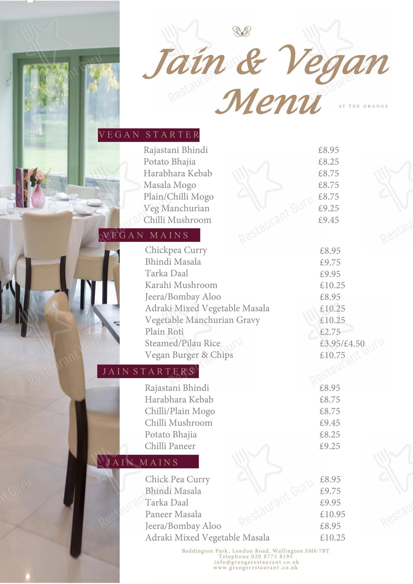 Menu at The Grange Restaurant, Wallington, Beddington Park