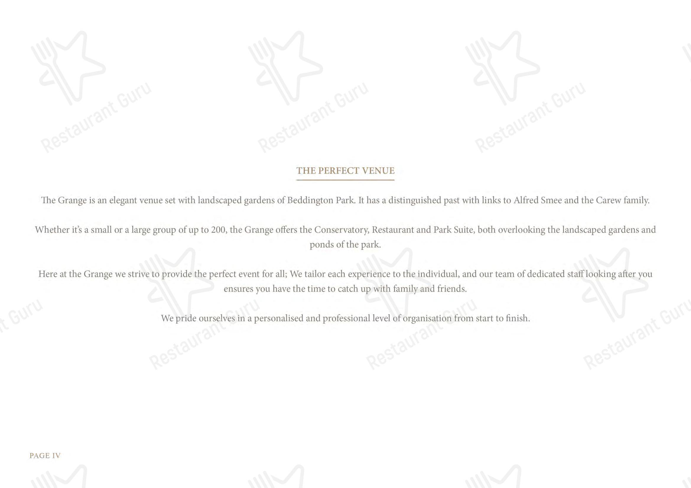 Menu at The Grange Restaurant, Wallington, Beddington Park