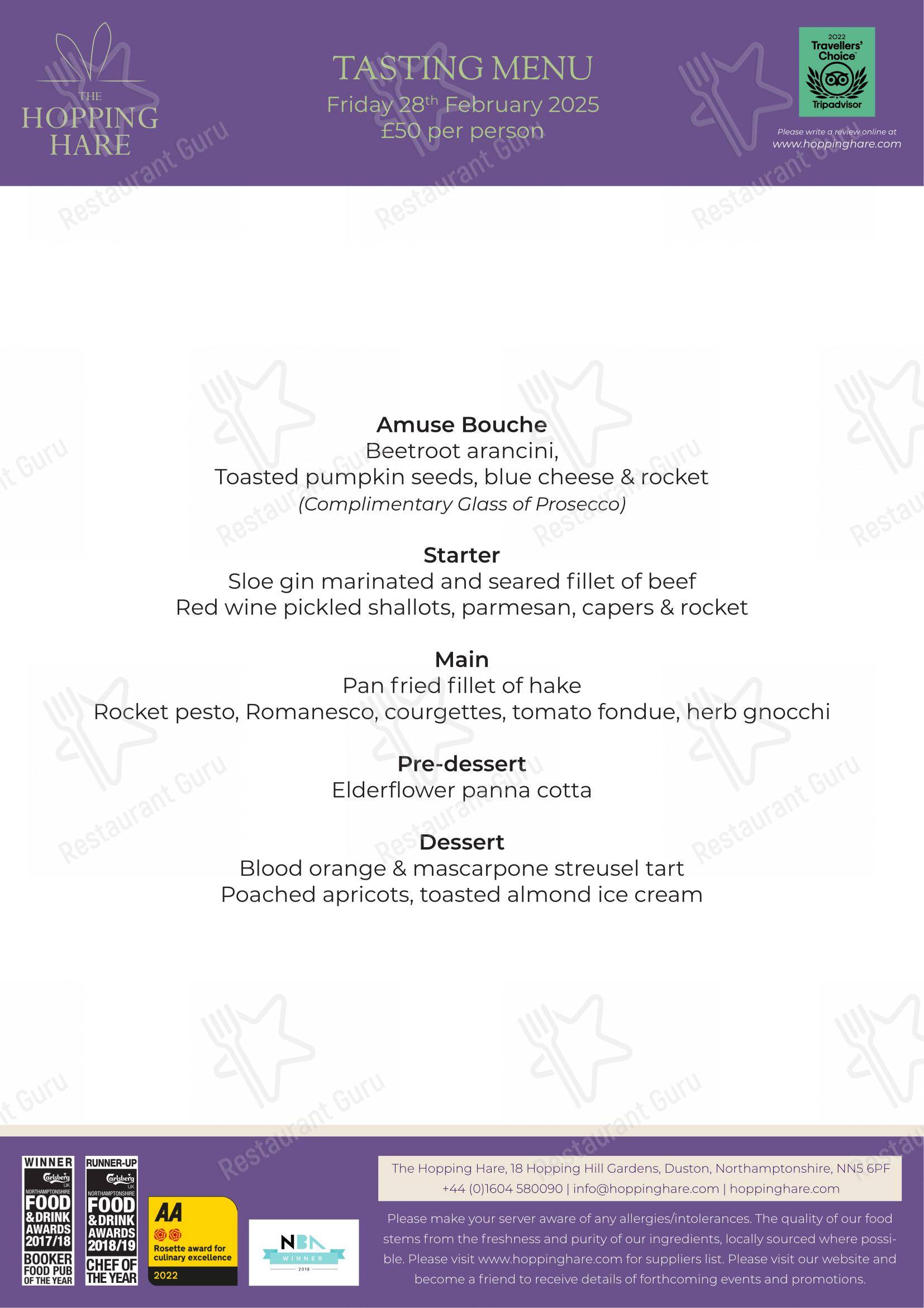 Menu at The Hopping Hare restaurant, Northampton