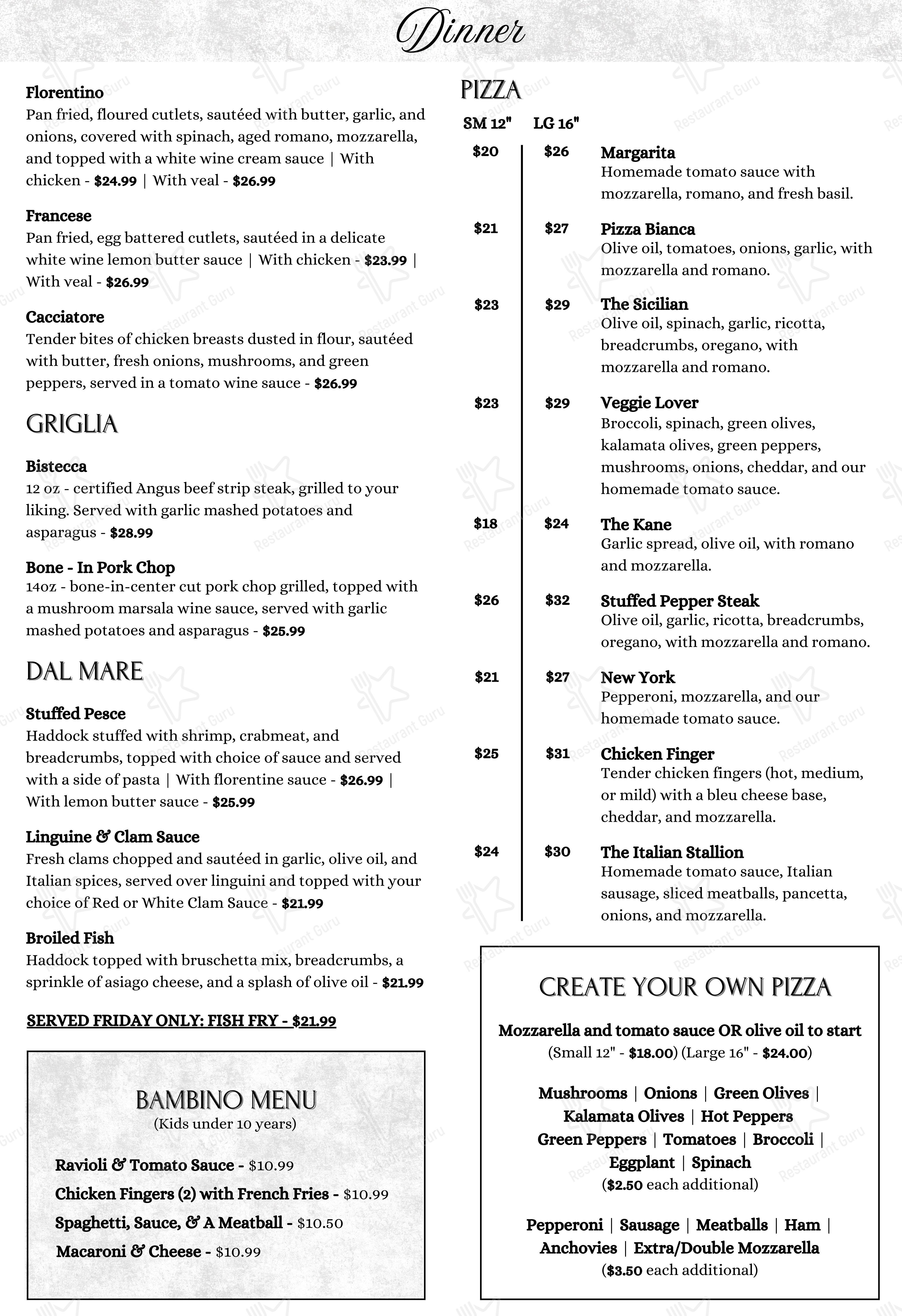 Menu at The Italian Village restaurant, Depew