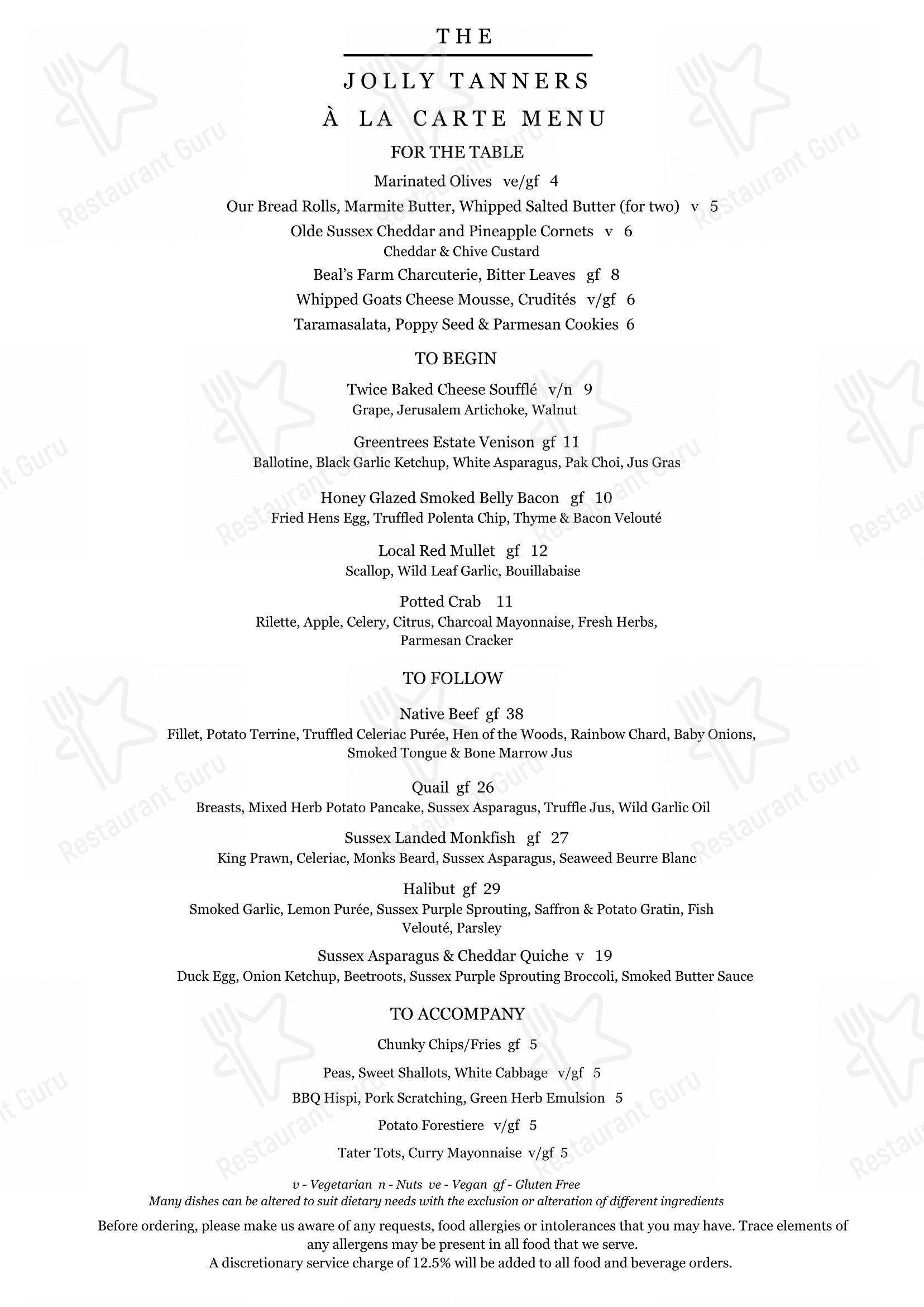 Menu at The Jolly Tanners pub & bar, Handcross