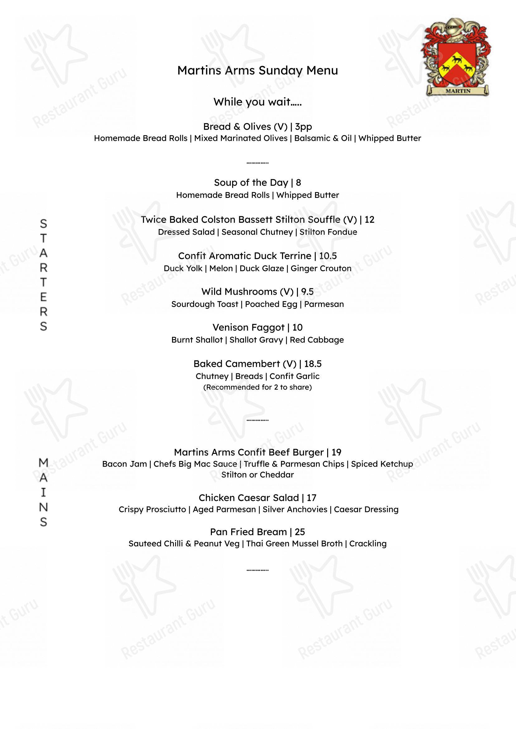 Menu at The Martins Arms pub & bar, Colston Bassett