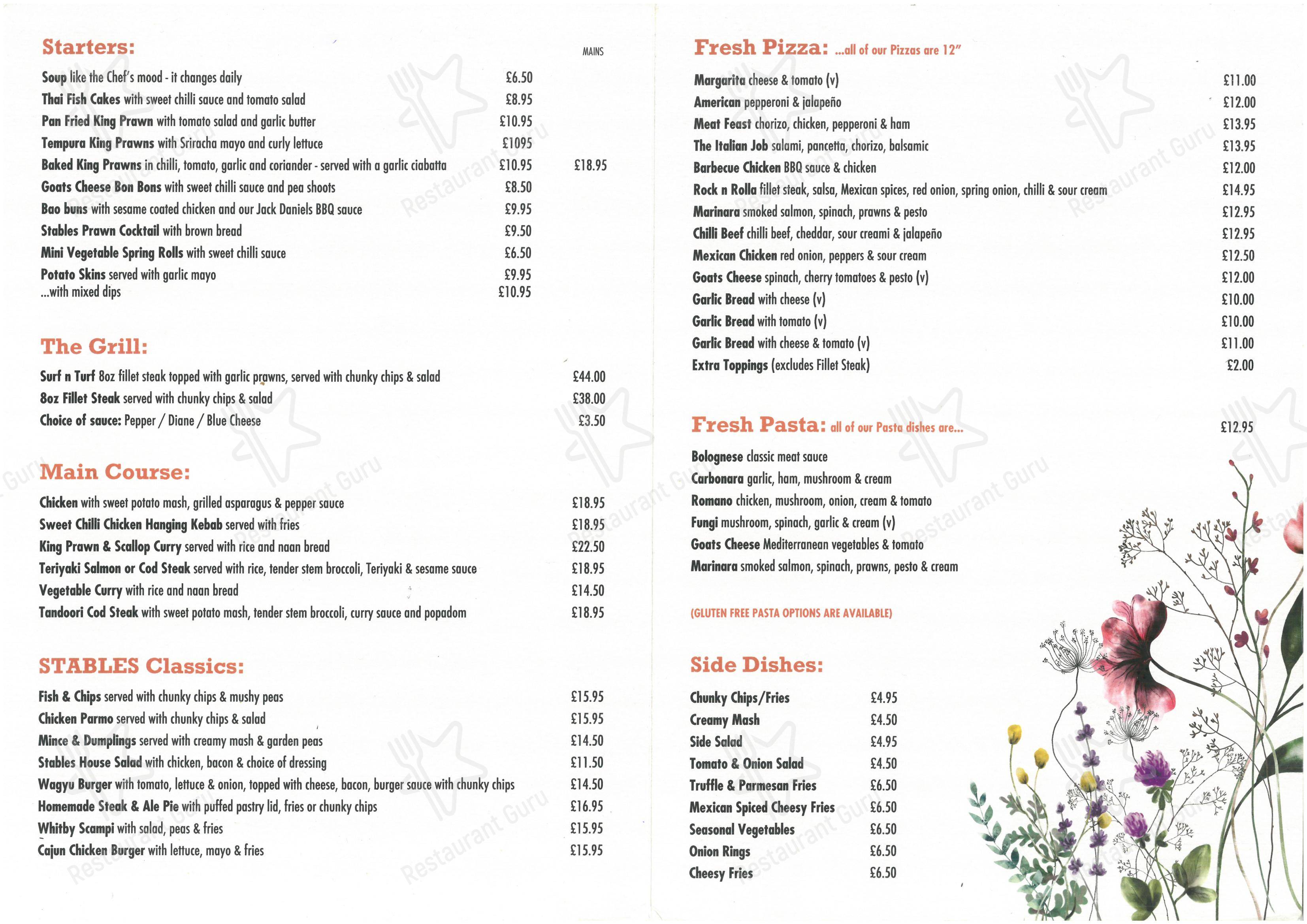 Menu at The Stables restaurant, Billingham