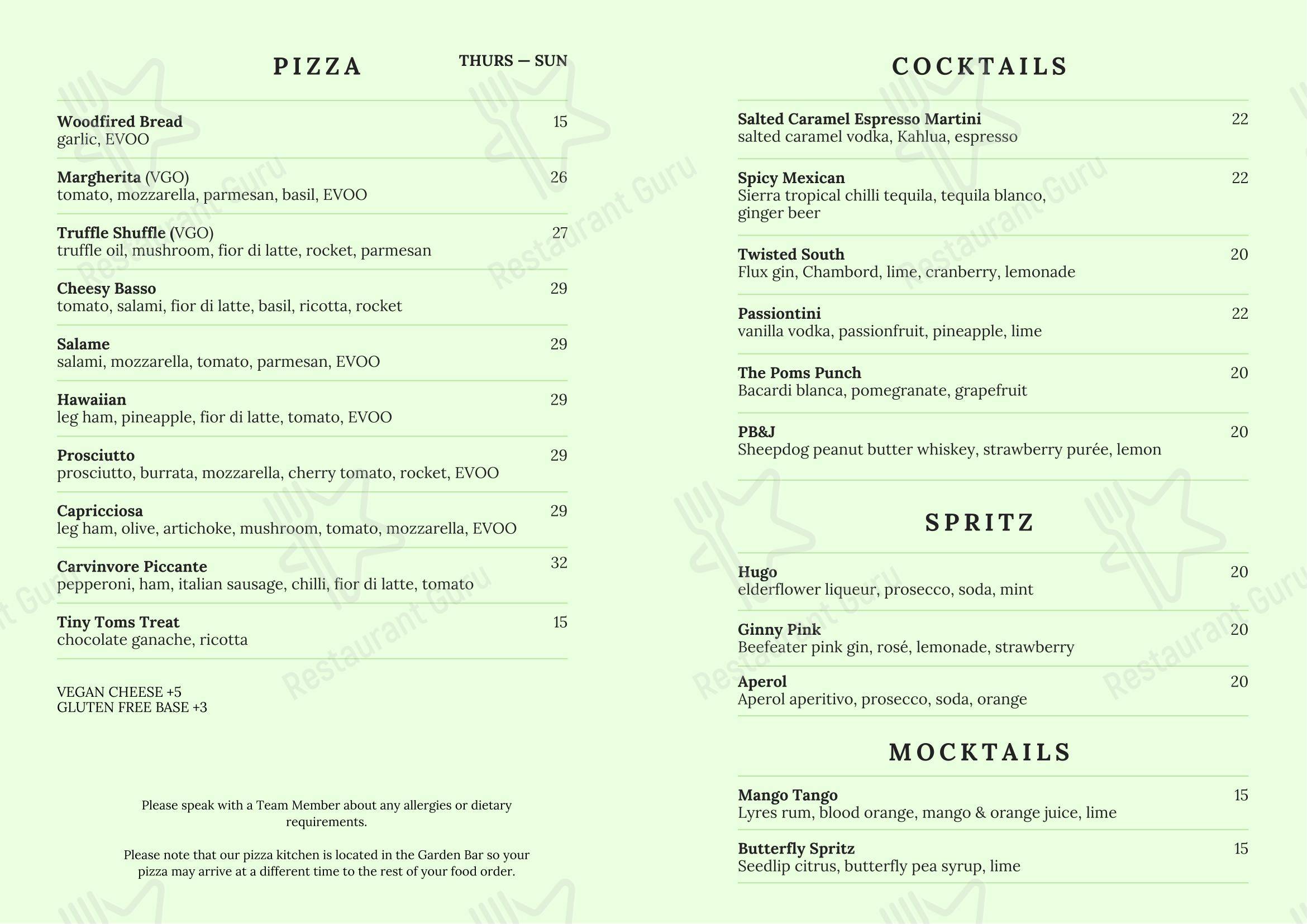 Menu at The Windsor Hotel restaurant, South Perth