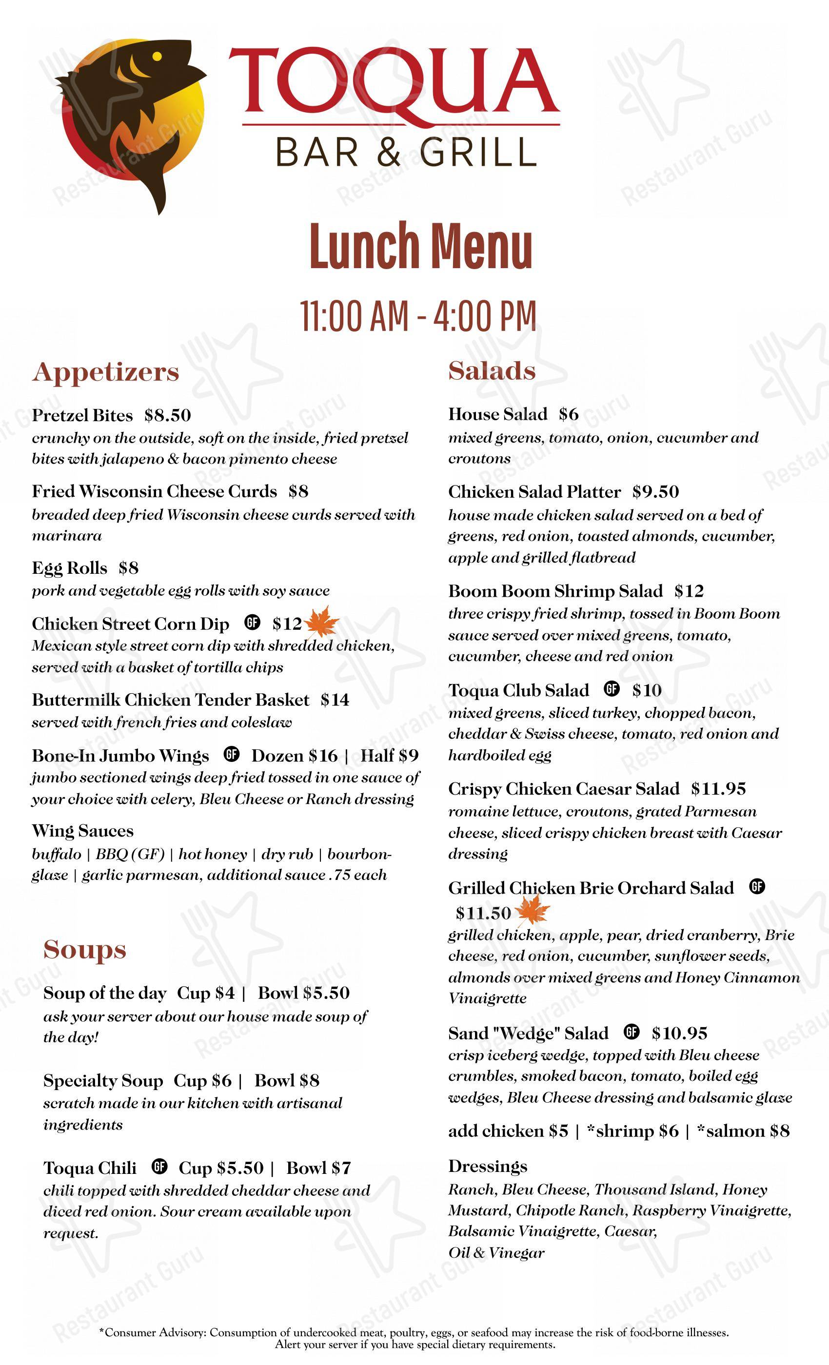 Menu at Toqua Bar & Grill, Loudon, 200 Toqua Club Way #2334