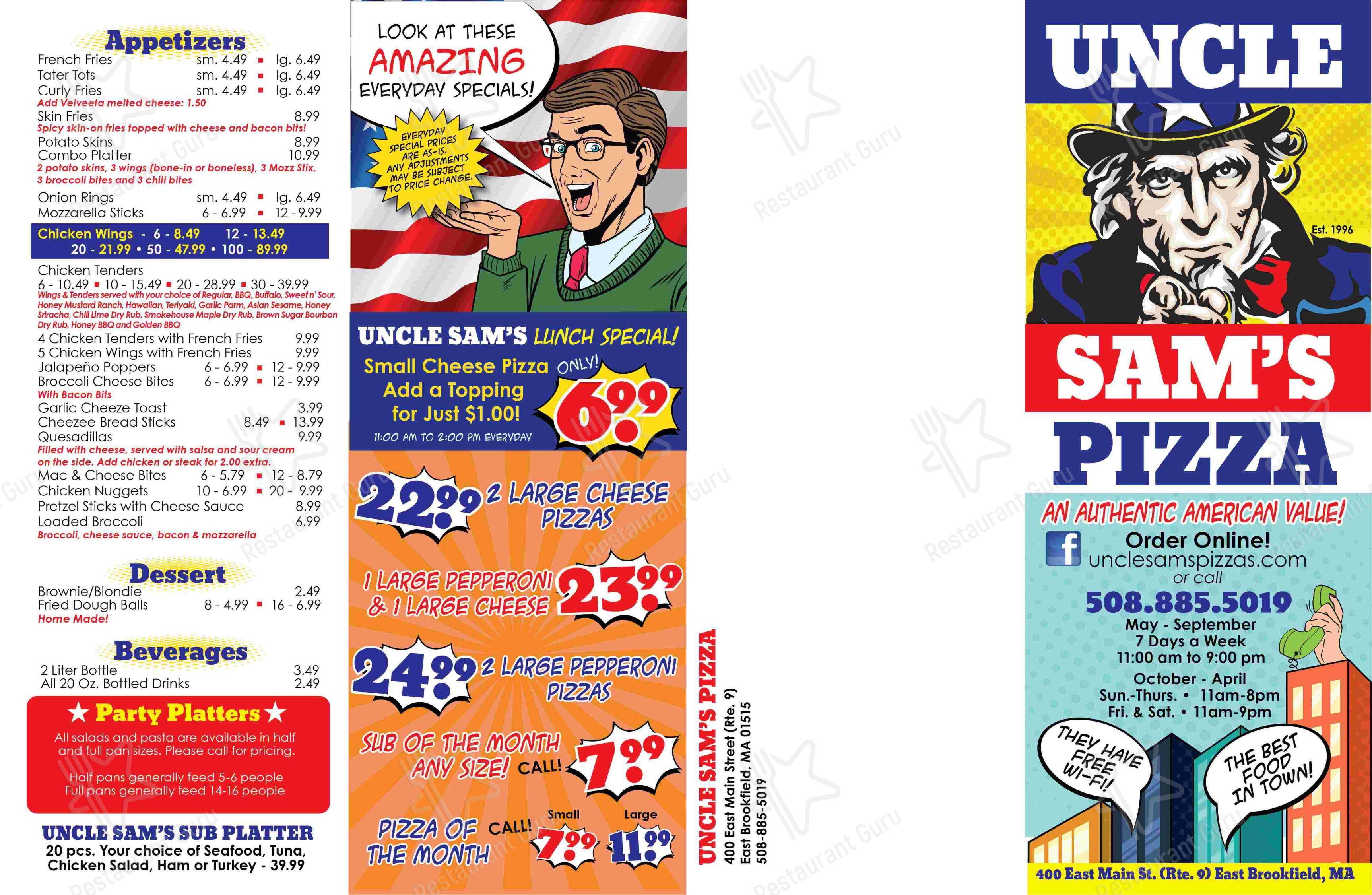 Menu at Uncle Sam's Pizza pizzeria, East Brookfield, 400 E Main St