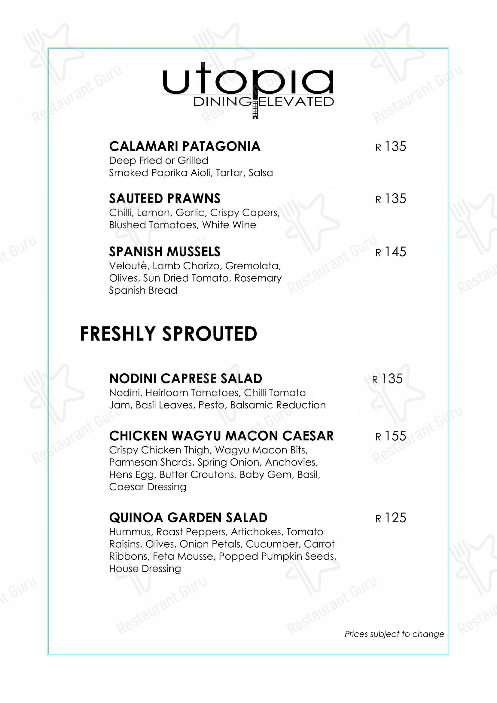 Menu at Utopia Cape Town restaurant, Cape Town, 15th floor