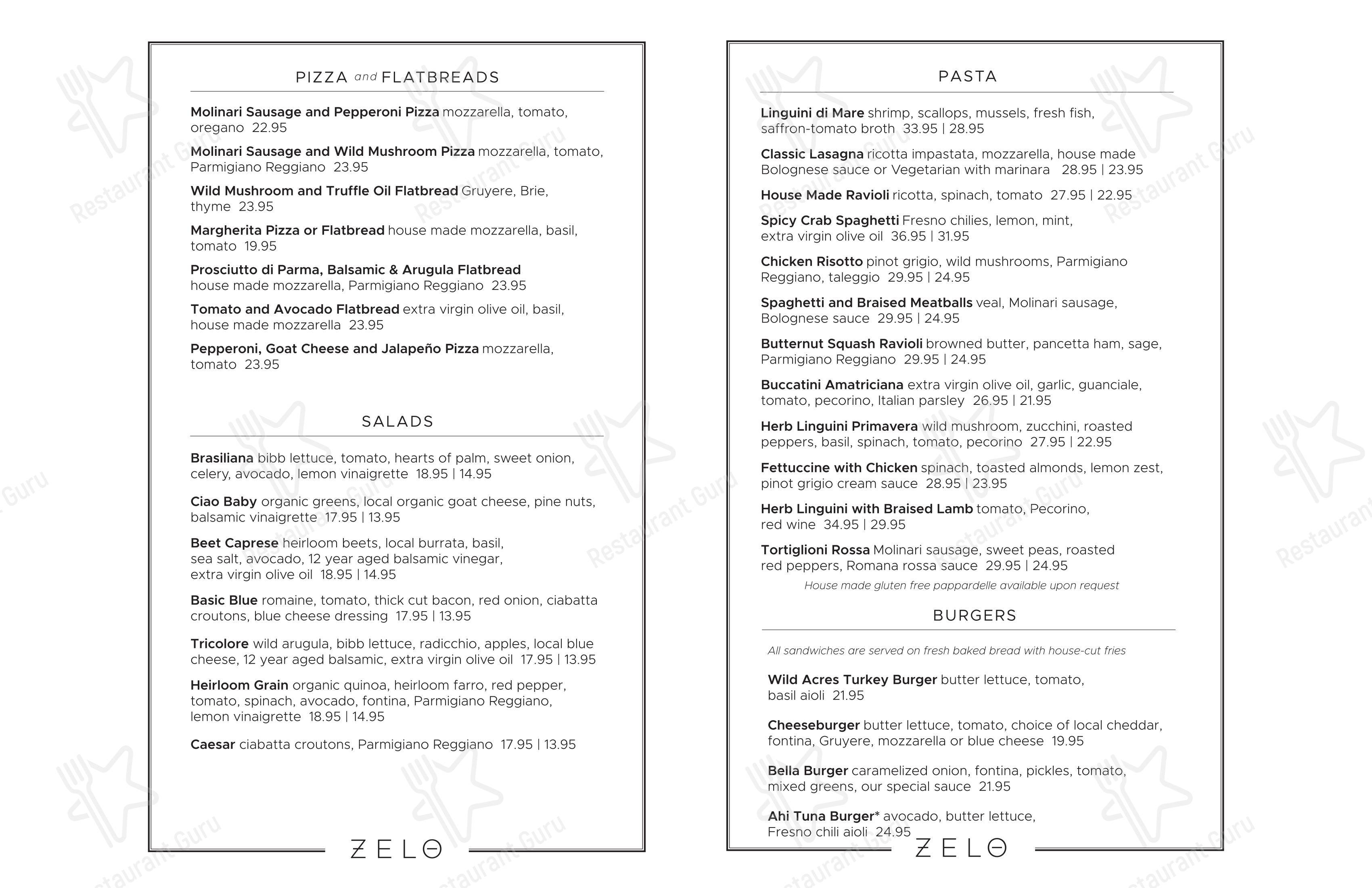 Menu at Zelo restaurant, Minneapolis
