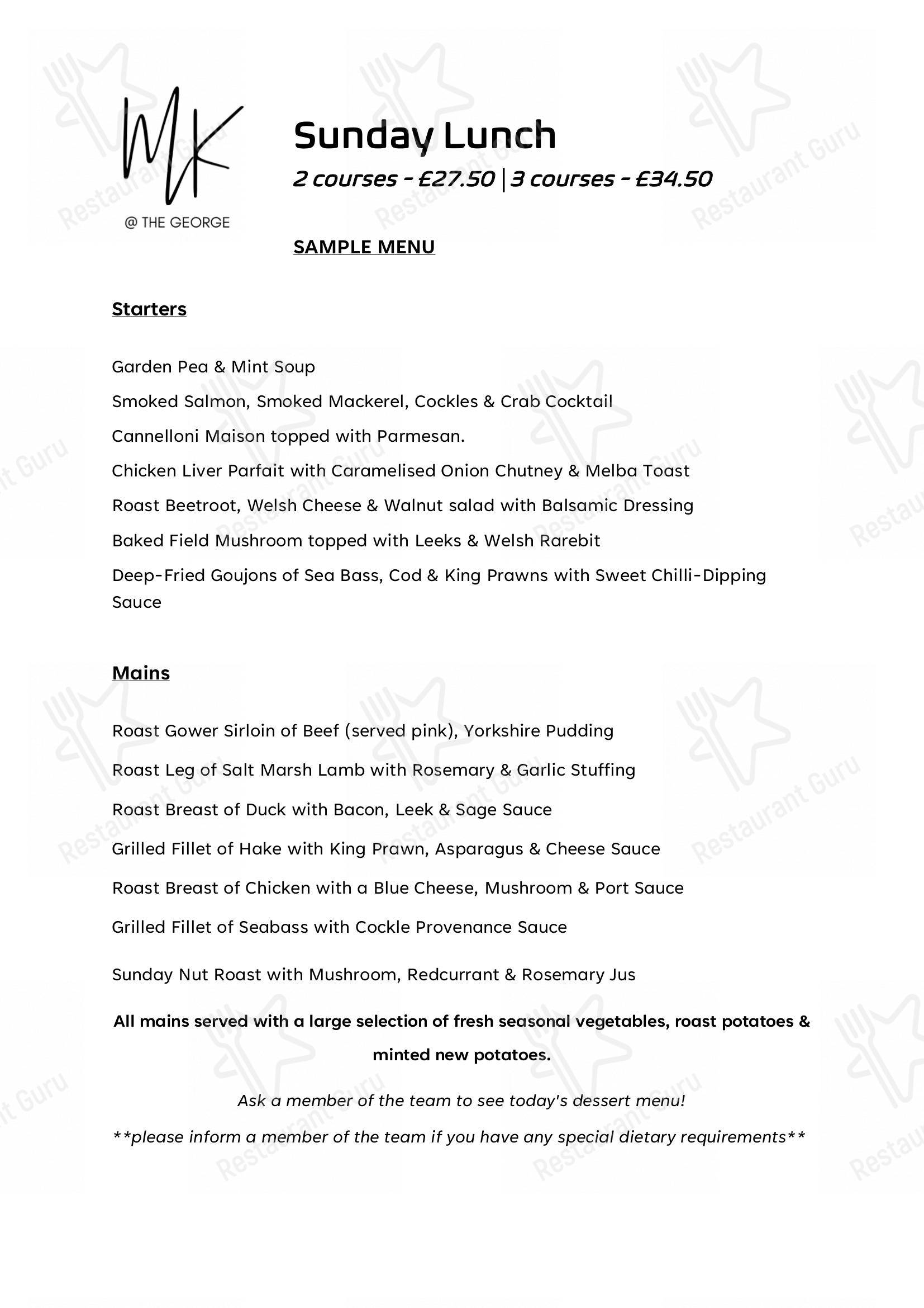 Menu at MK at The George pub & bar, The Mumbles
