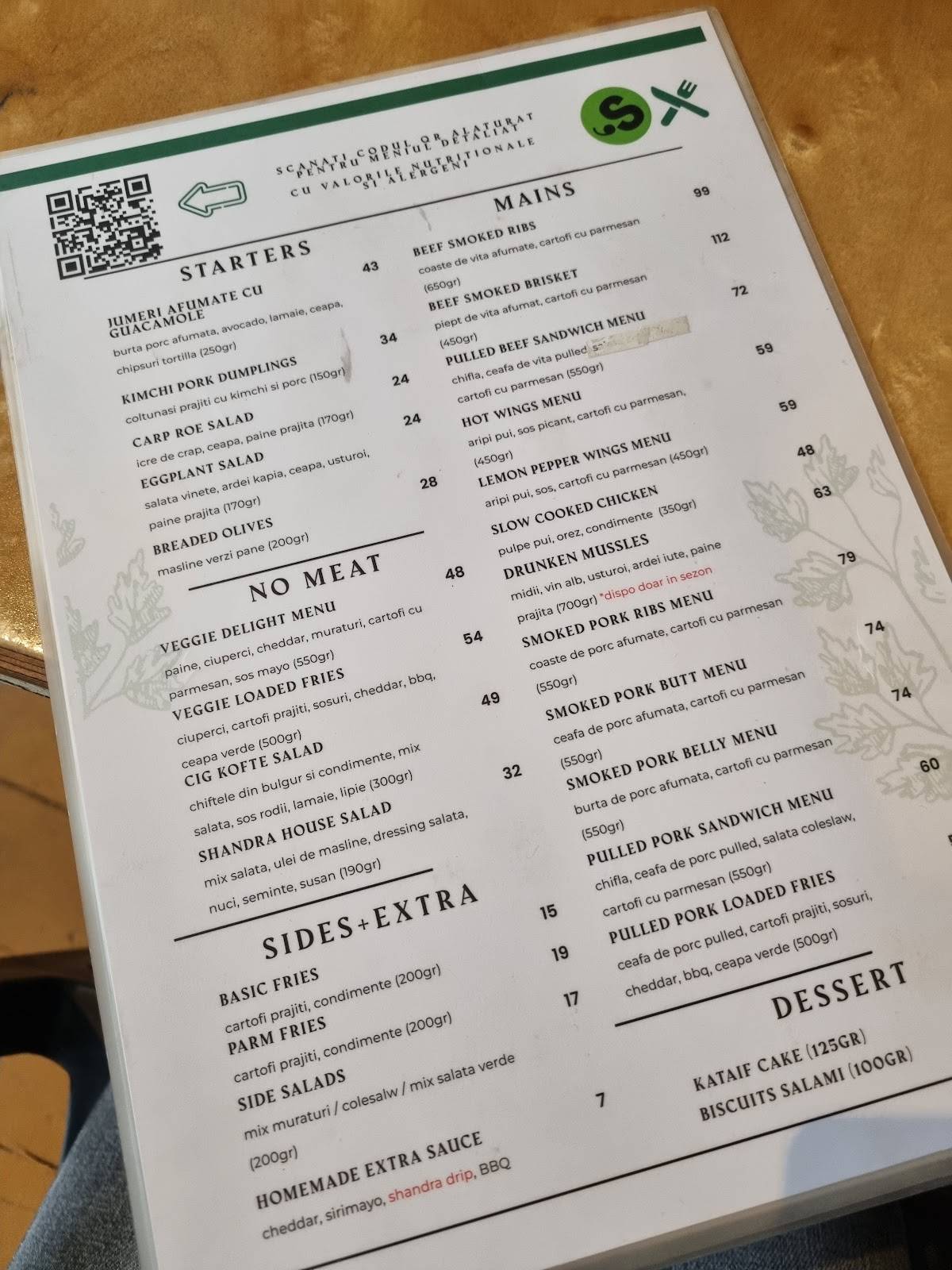 Menu at shandra'ma Victoriei, Bucharest