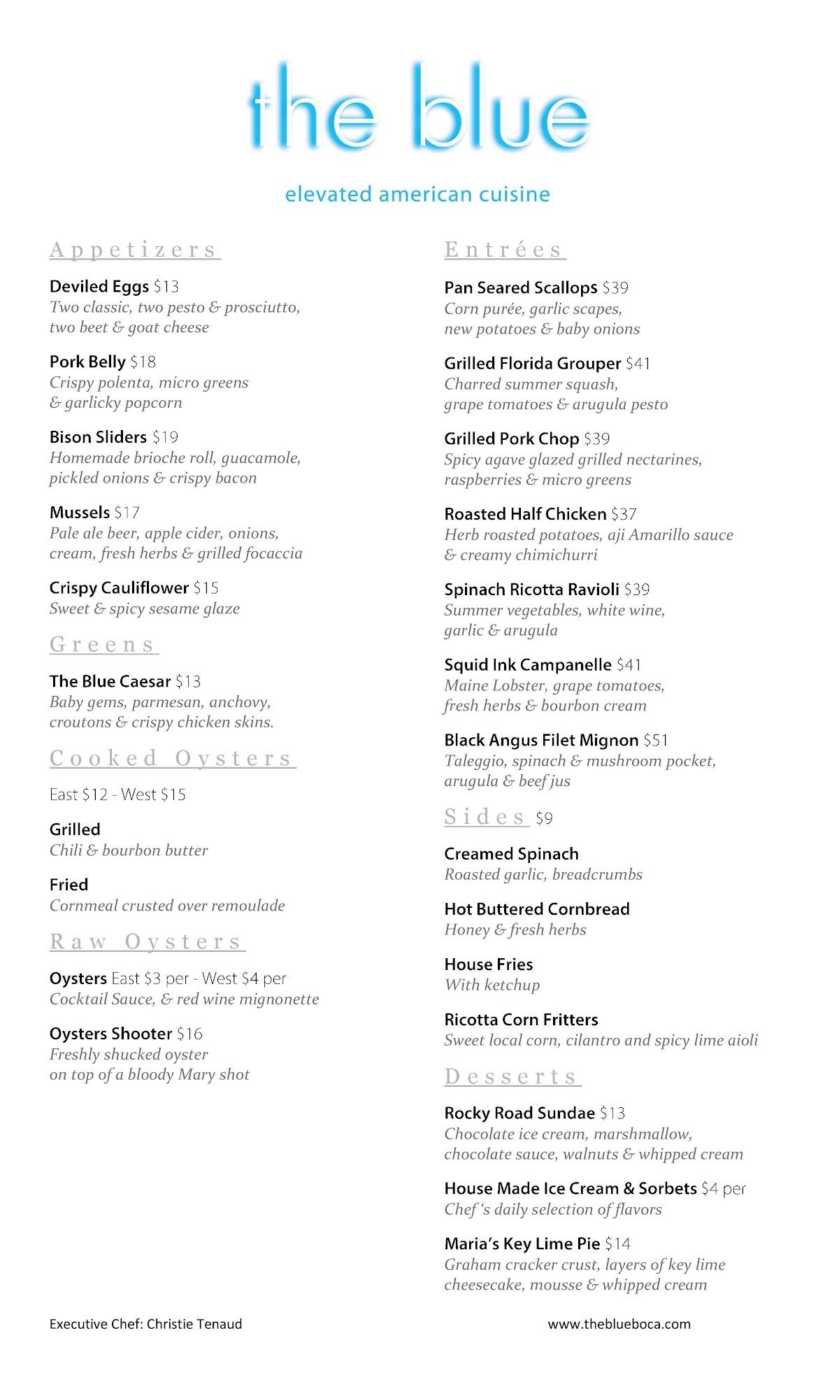 Menu at the blue restaurant, Boca Raton
