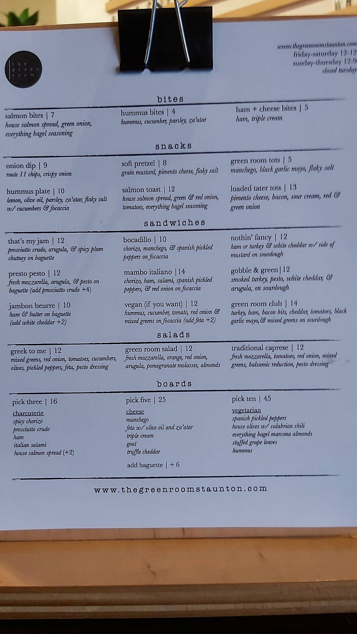 Menu at the green room pub & bar, Staunton