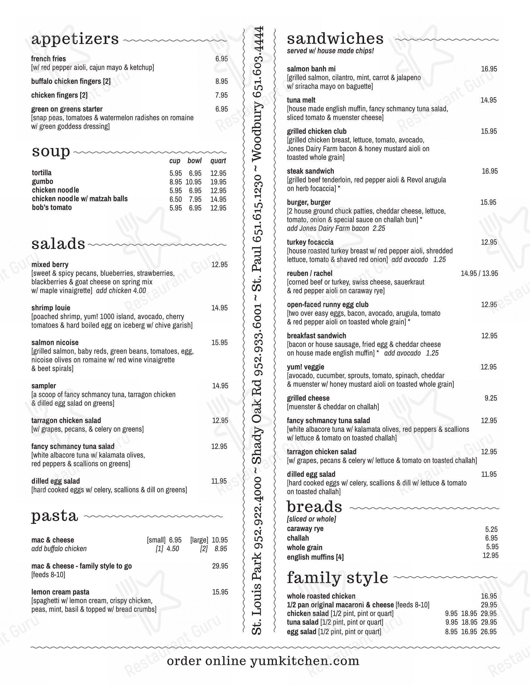 Menu at yum! Kitchen and Bakery, Saint Louis Park