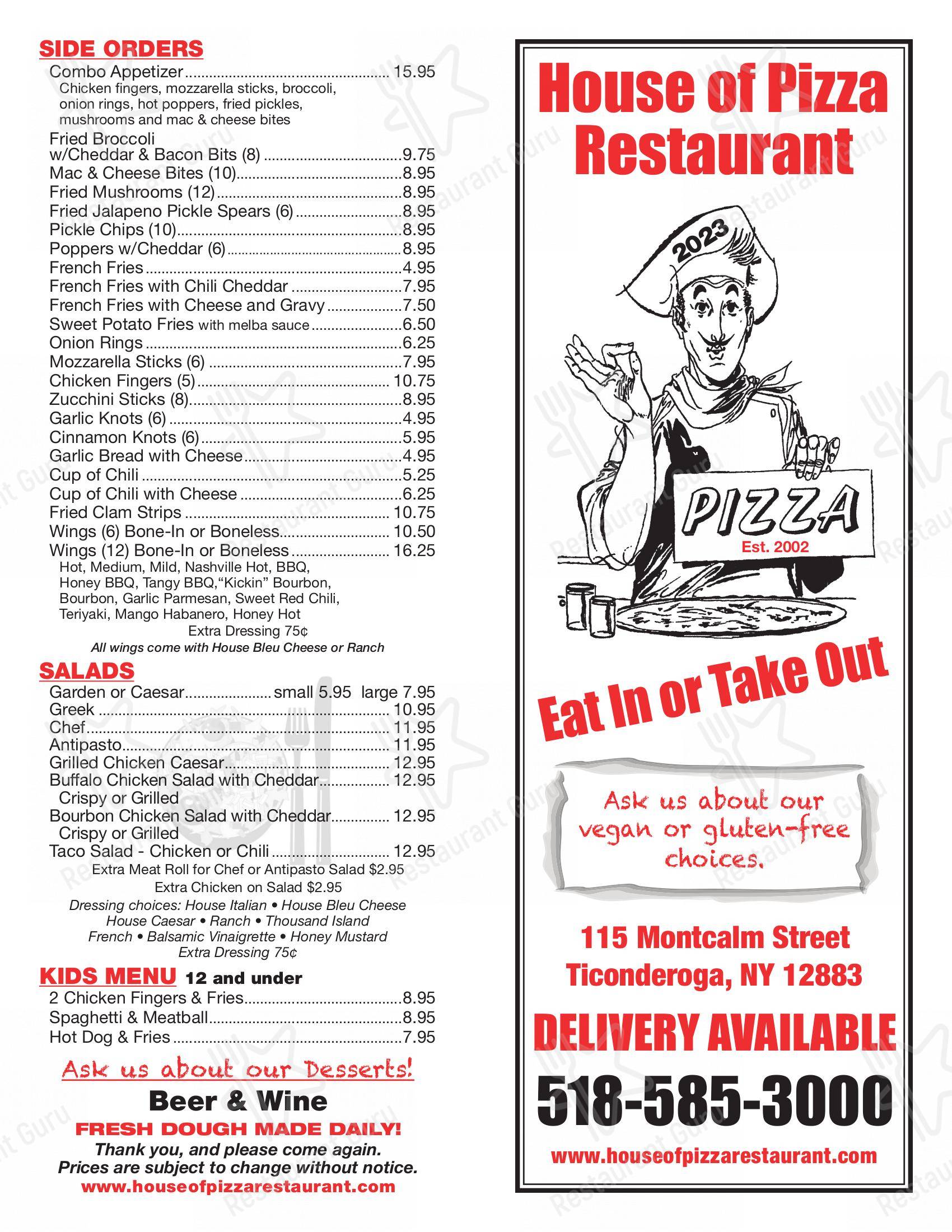 Menu at House of Pizza Restaurant, Ticonderoga