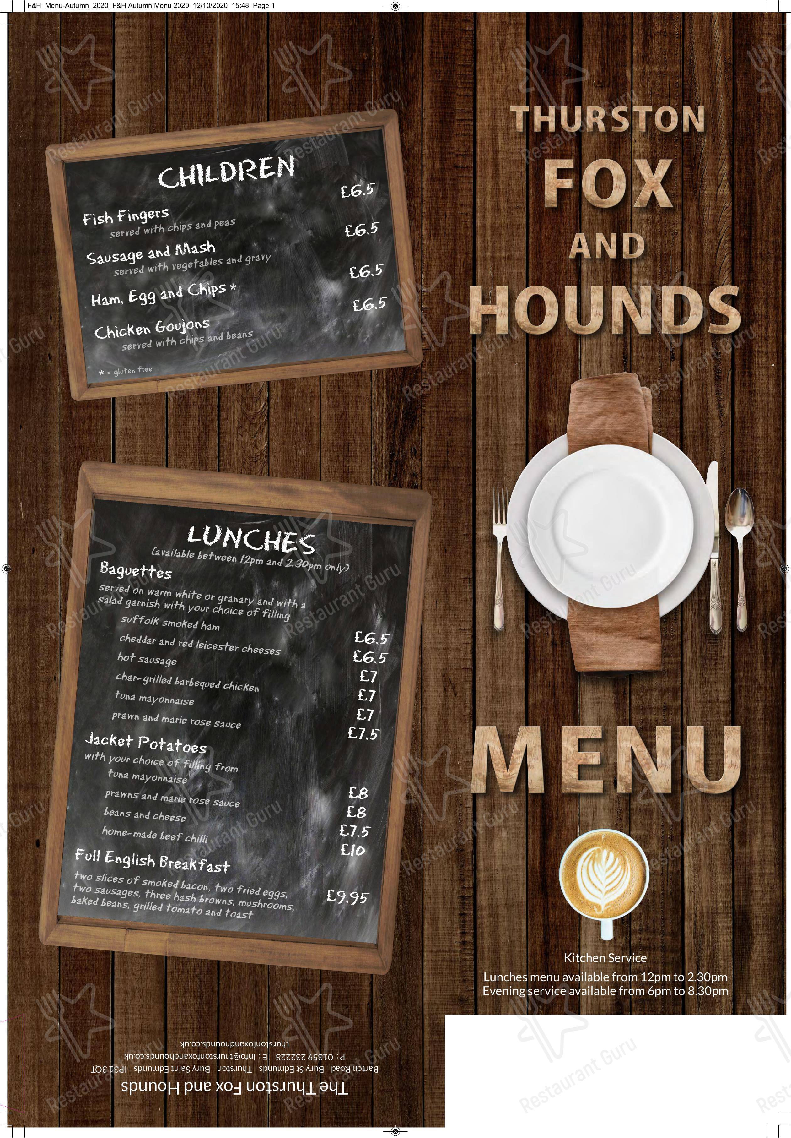 Menu at Fox and Hounds Thurston pub & bar, Thurston