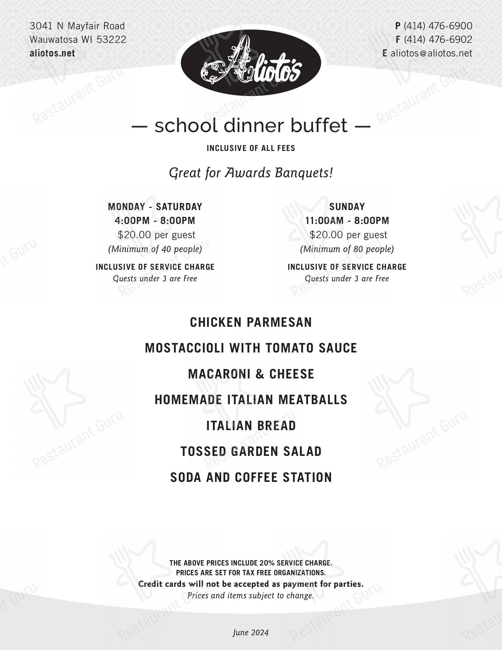 Menu at Alioto's restaurant, Wauwatosa, N Mayfair Rd