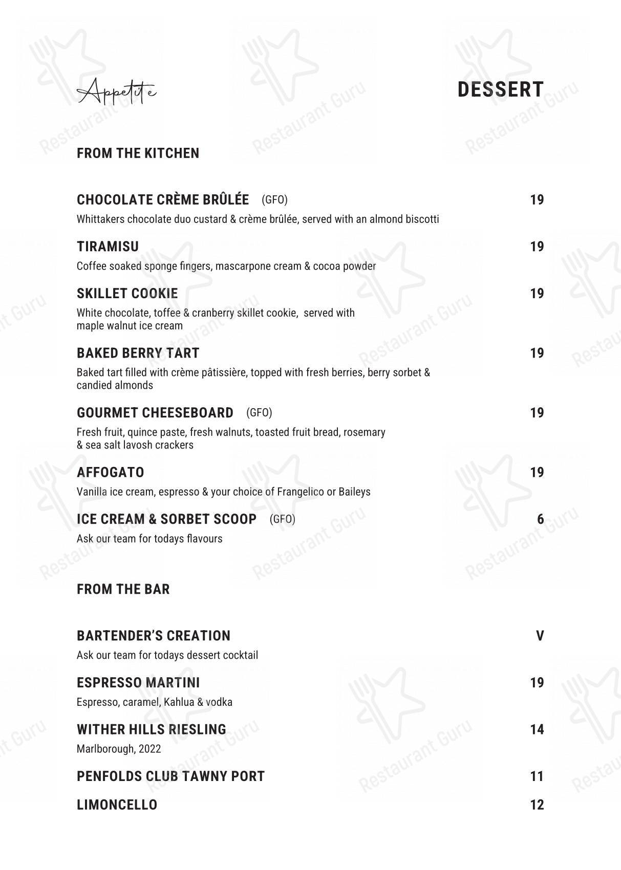 Menu at Appetite restaurant, Pukekohe