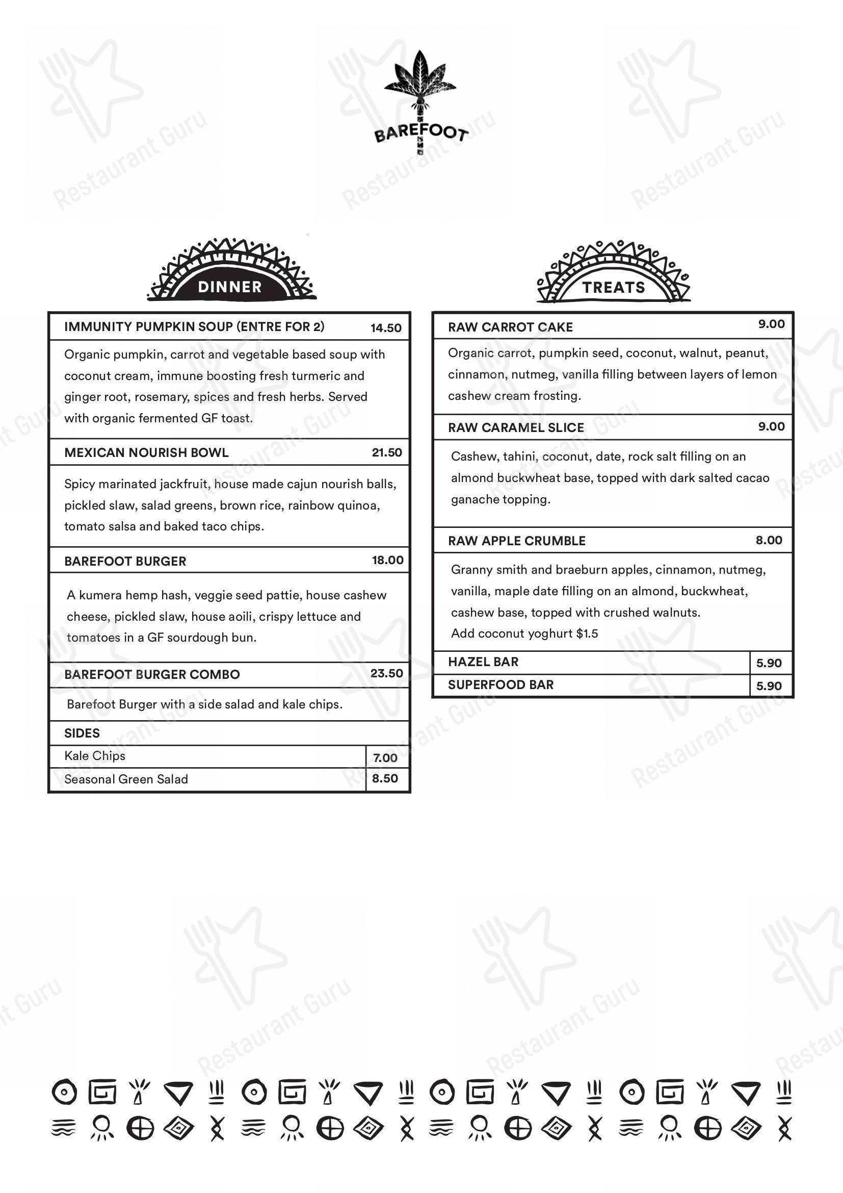 Menu at Barefoot Eatery, Christchurch