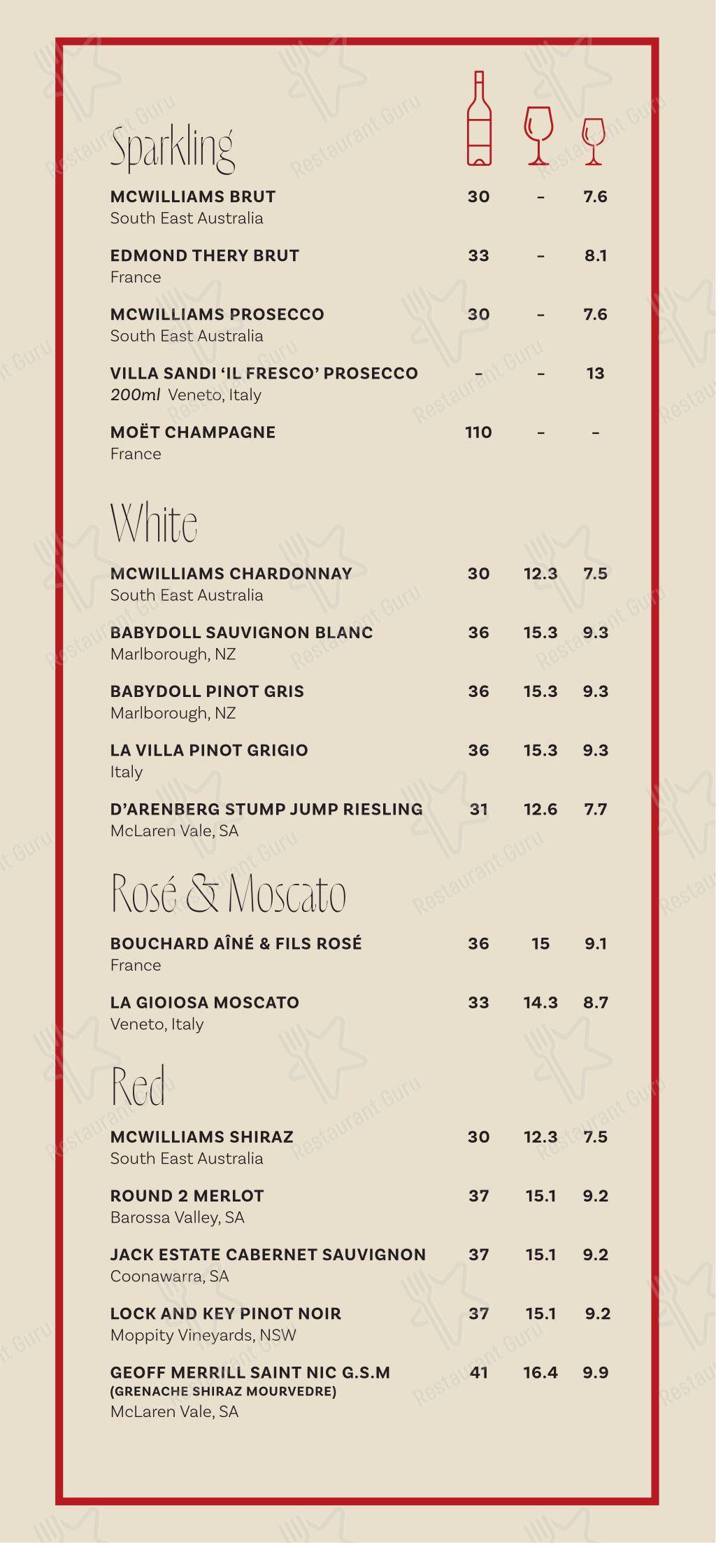 Menu at Billy Barry's, North Sydney