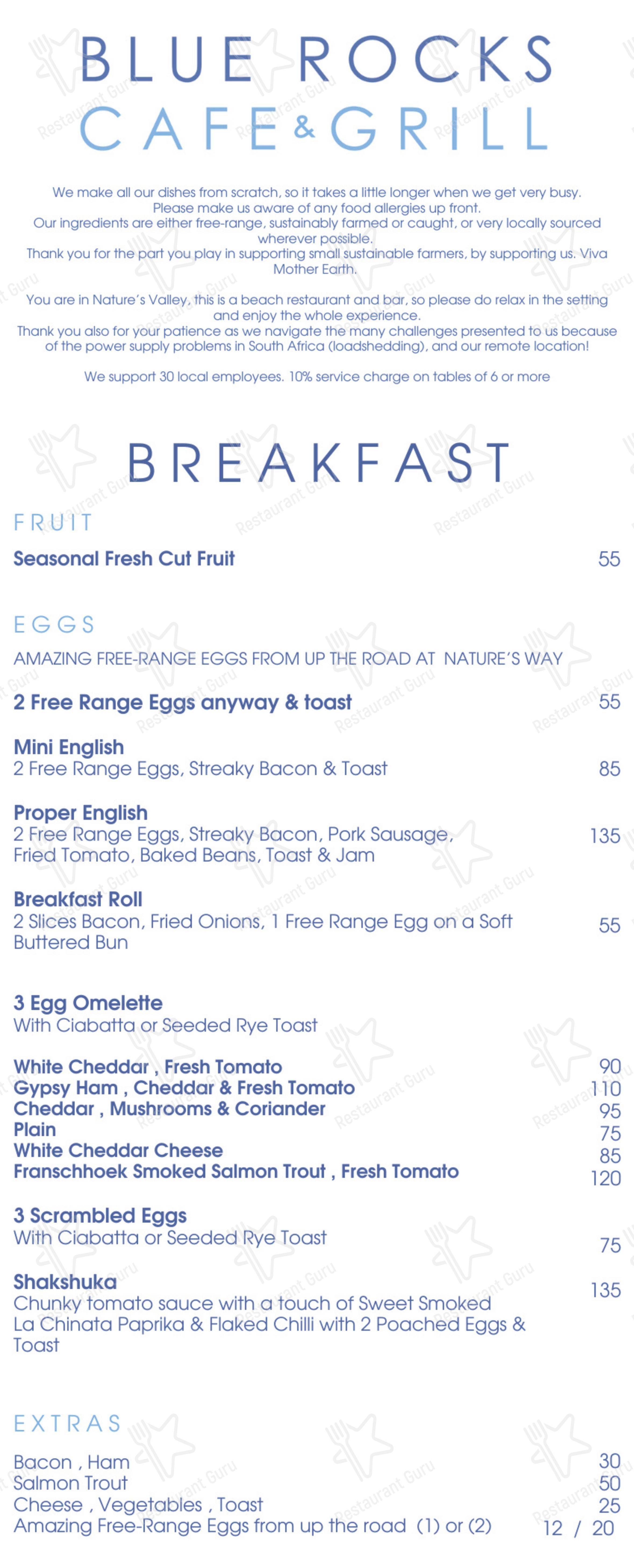 Menu at Blue Rocks Cafe & Grill, the only restaurant in Nature’s Valley ...