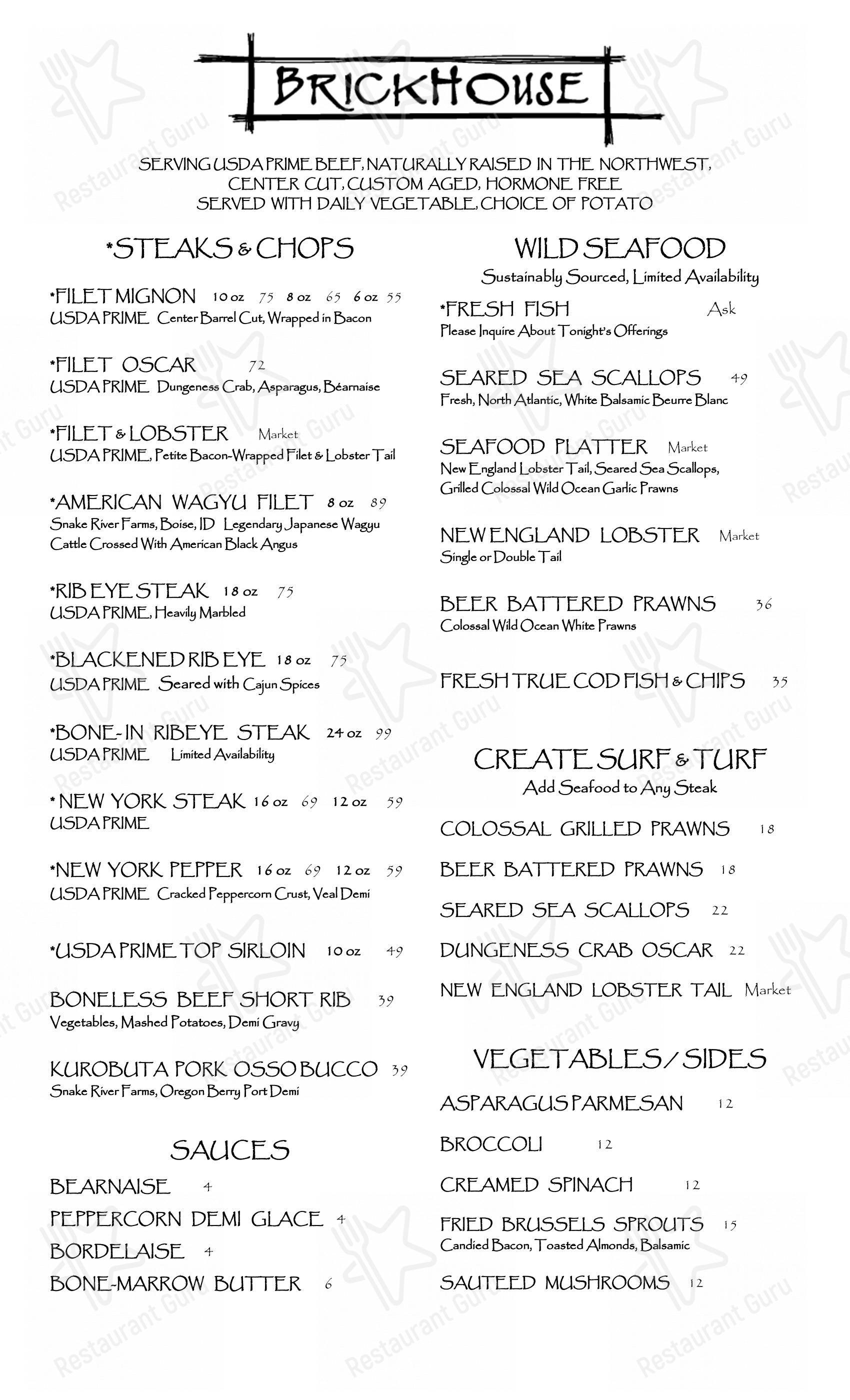 Menu at Brickhouse steakhouse, Redmond