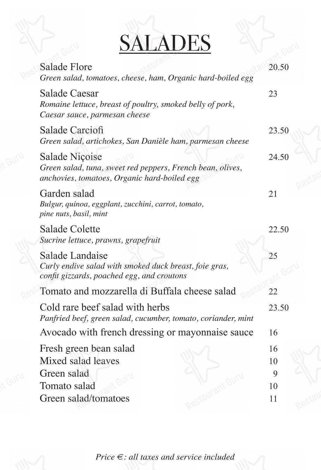 Menu au Café de Flore, Paris, 172 Bd Saint-Germain
