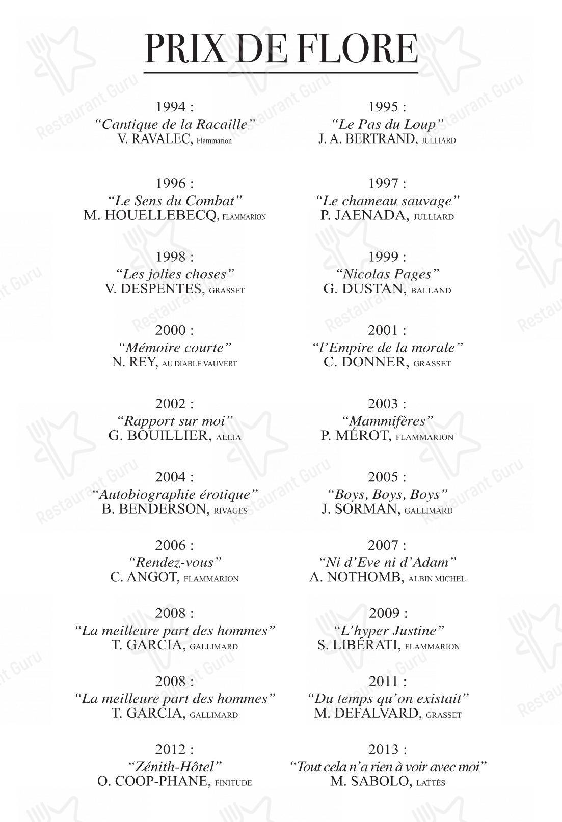 Menu at Café de Flore, Paris, 172 Bd Saint-Germain