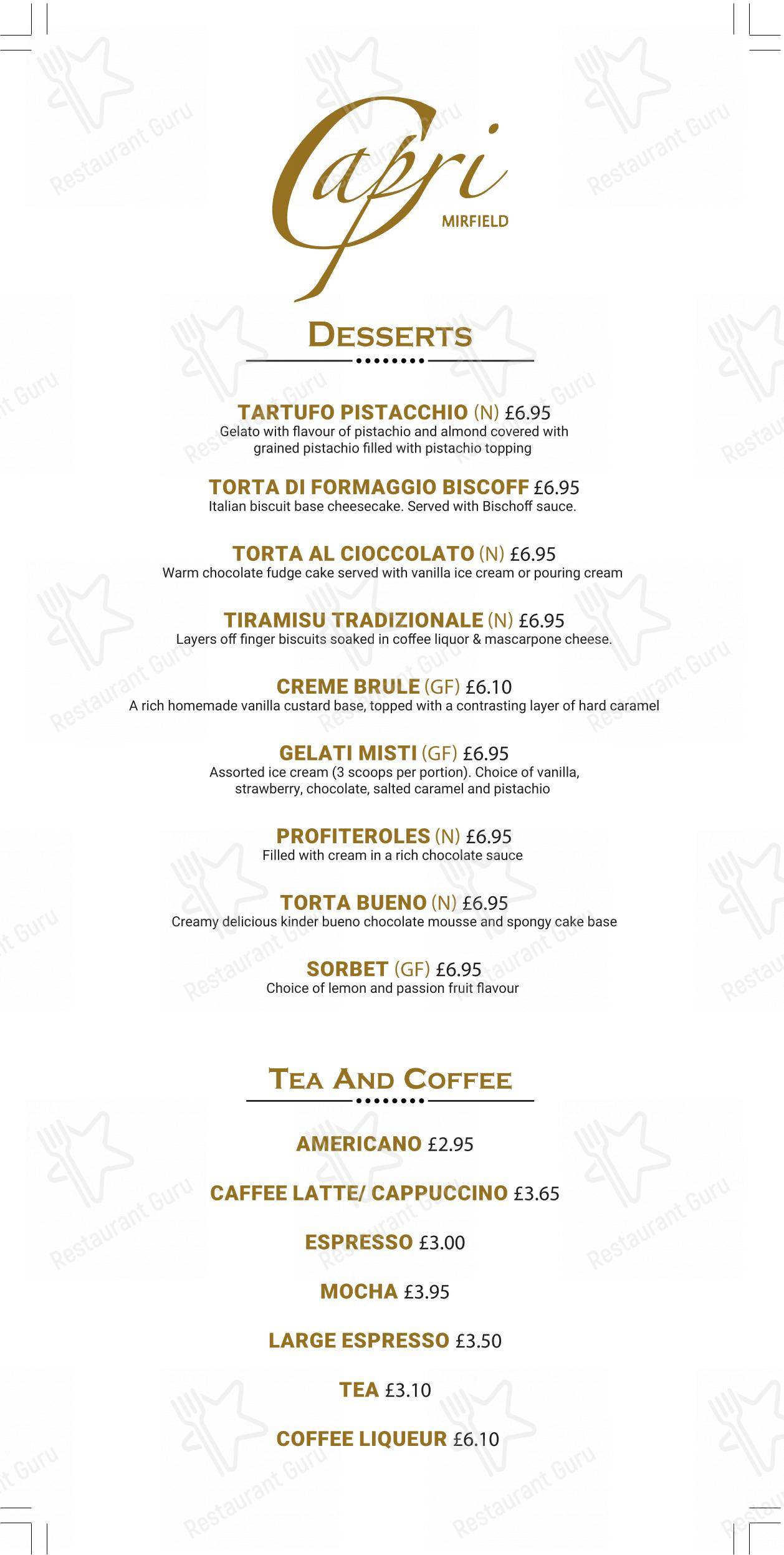 Menu at Capri Mirfield restaurant, Mirfield