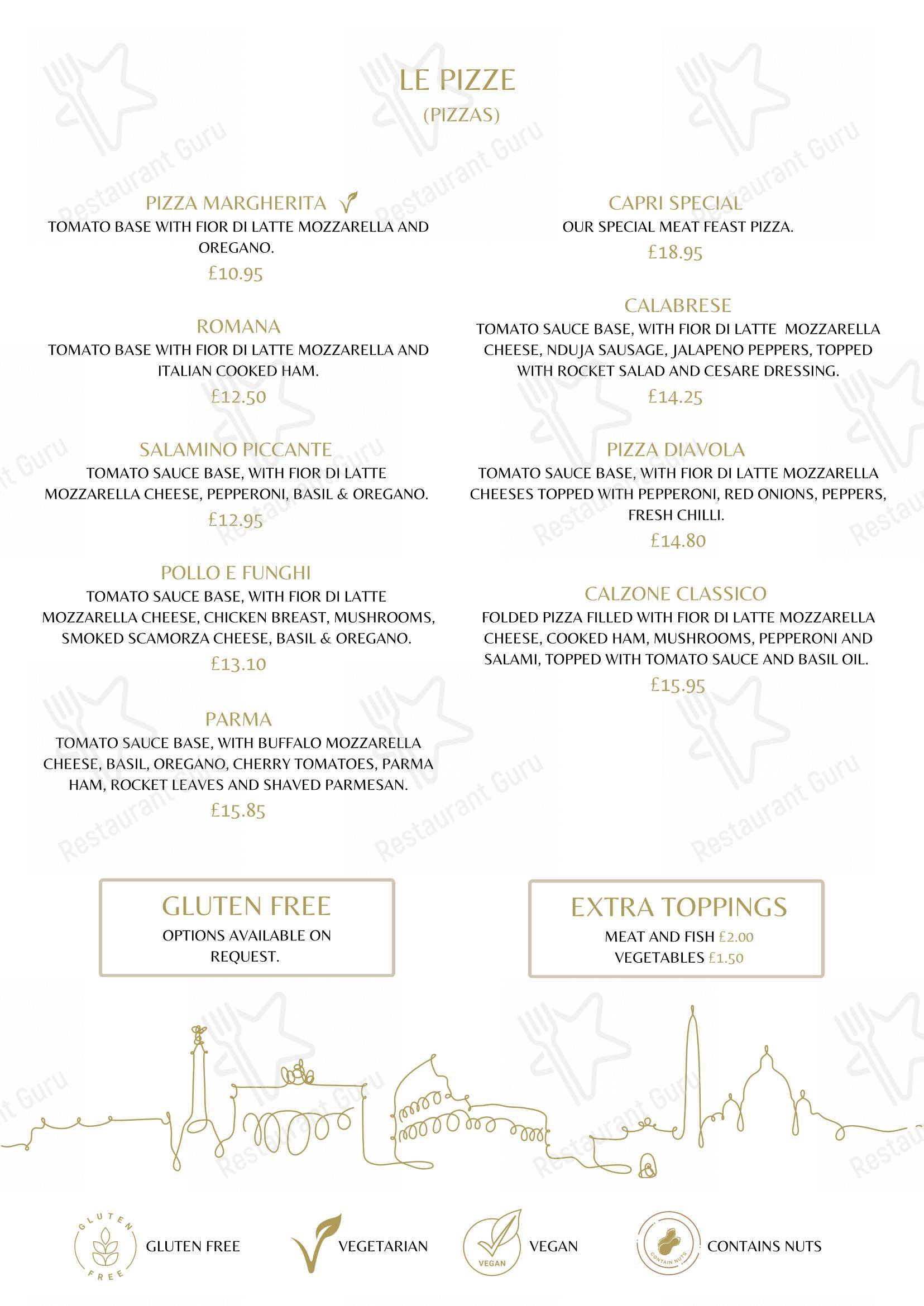 Menu at Capri at the Containers restaurant, Leeds