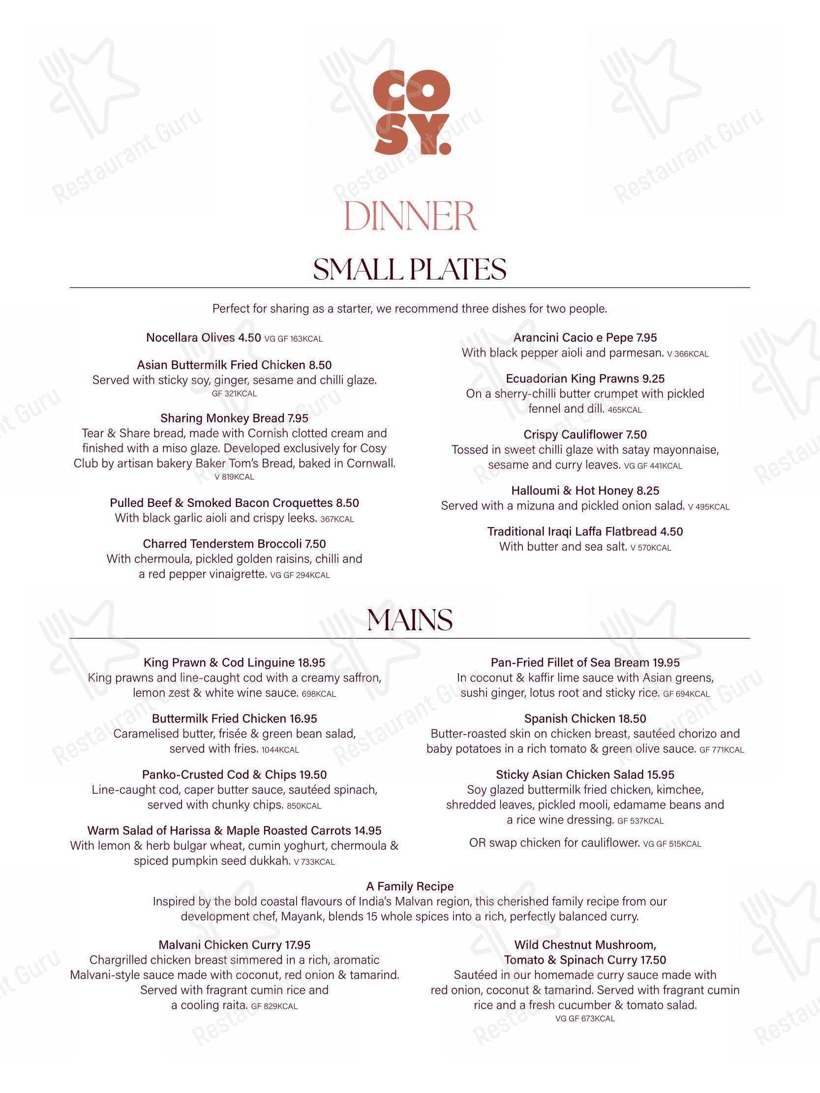 Menu at Cosy Club, Salisbury, 49 New St