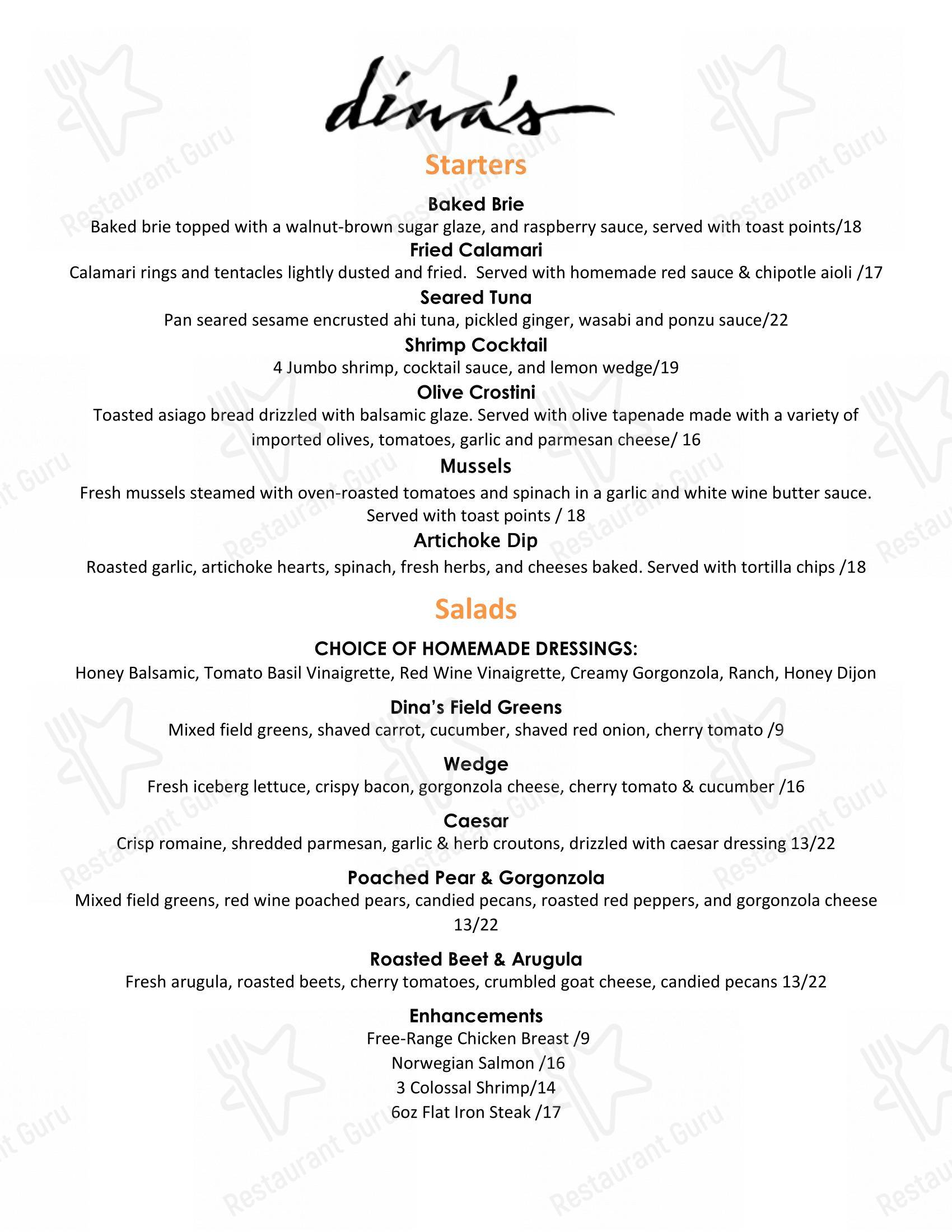 Menu at Dina's restaurant, Ellicottville