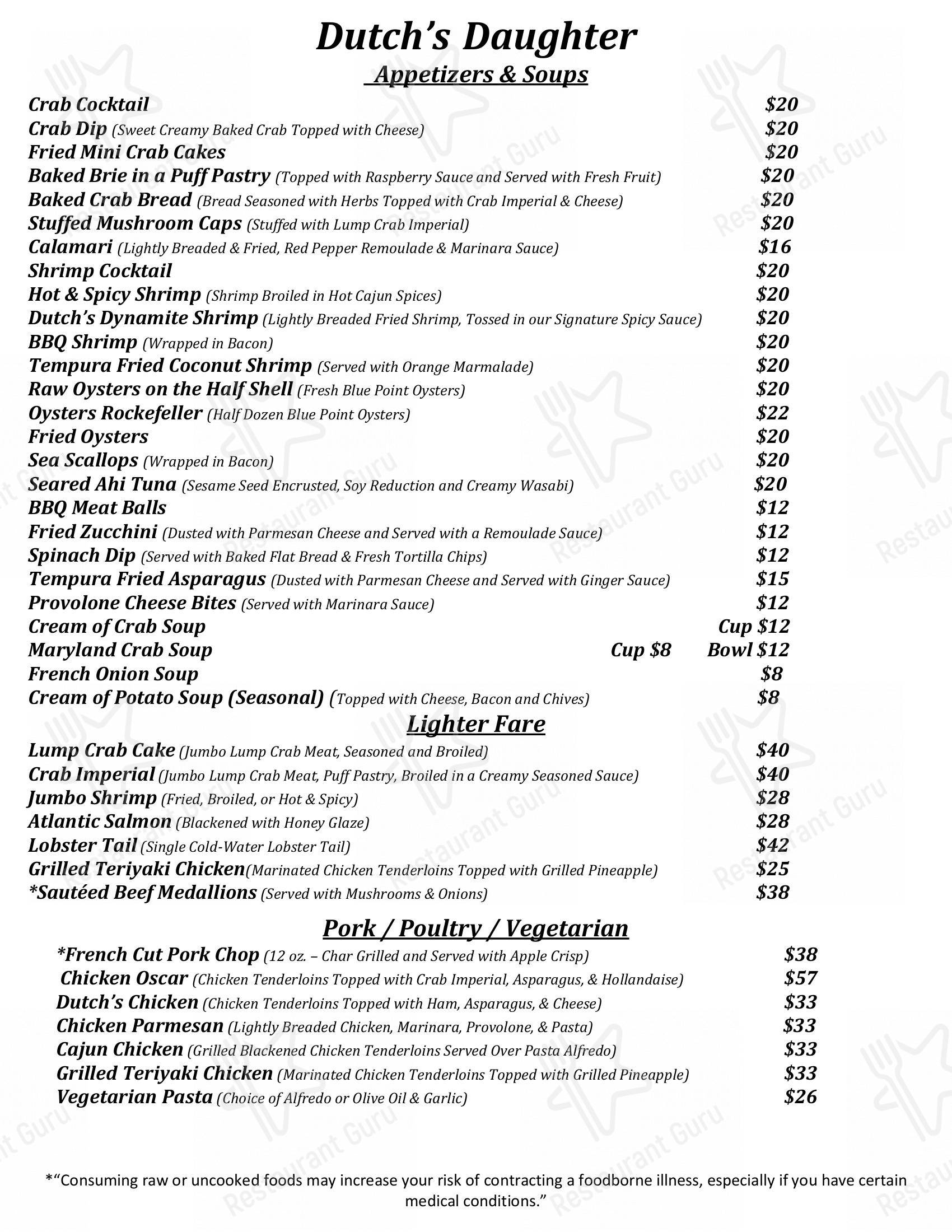 Menu at Dutch's Daughter steakhouse, Frederick, 581 Himes Ave